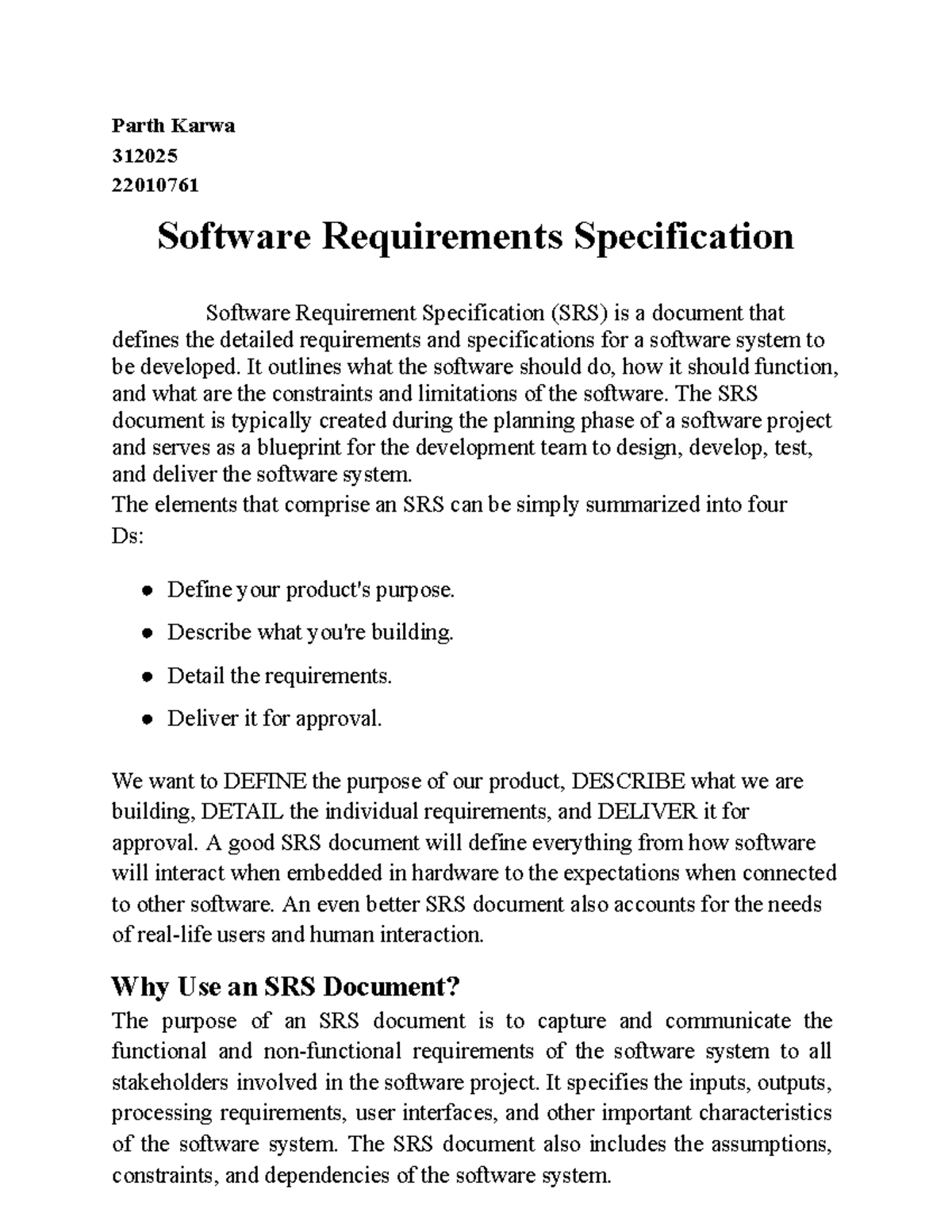 SRS - Parth Karwa 312025 22010761 Software Requirements Specification Software Requirement - Studocu
