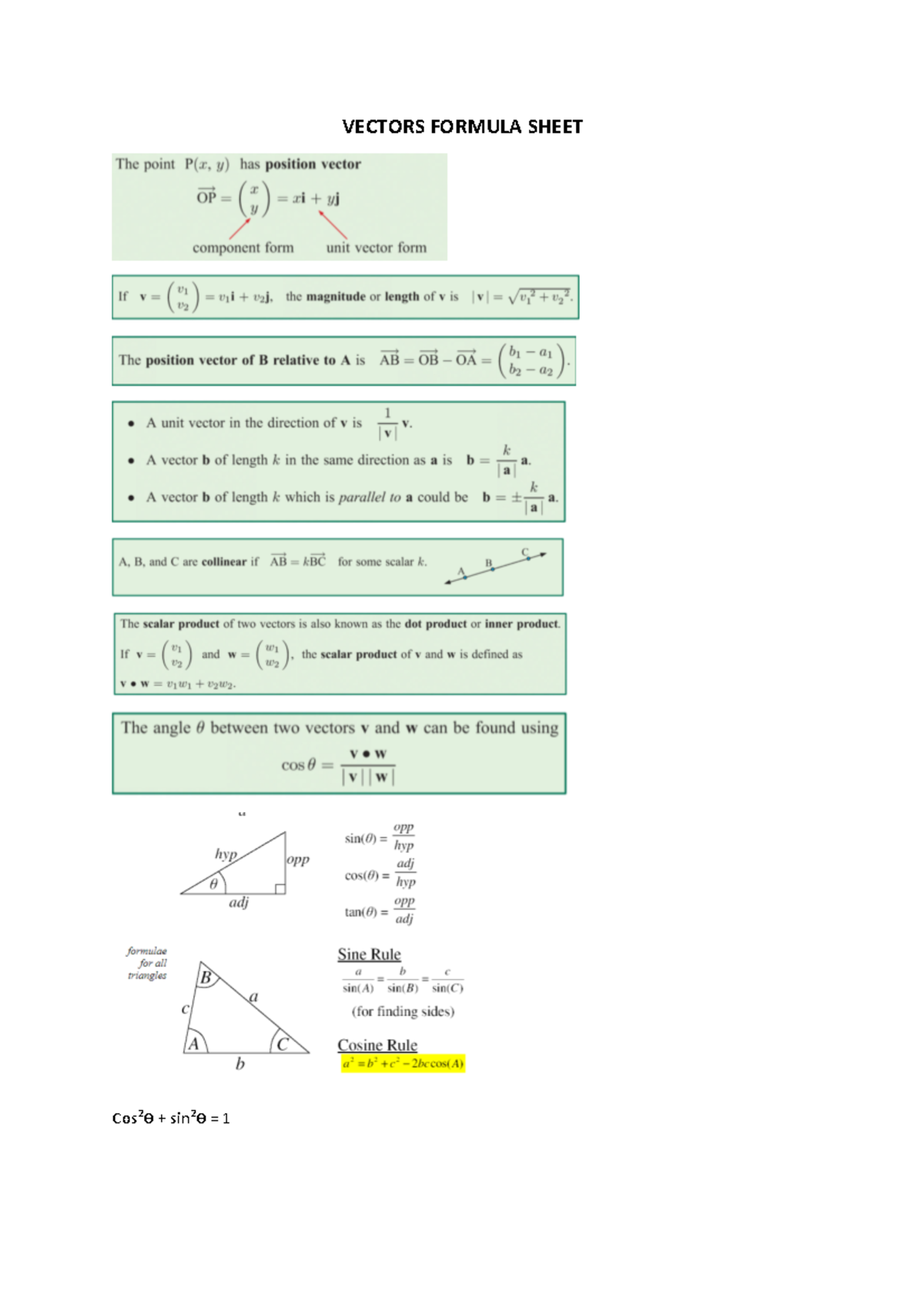 Vector formula sheet - VECTORS FORMULA SHEET The point P(x, y) has position vector OP ...