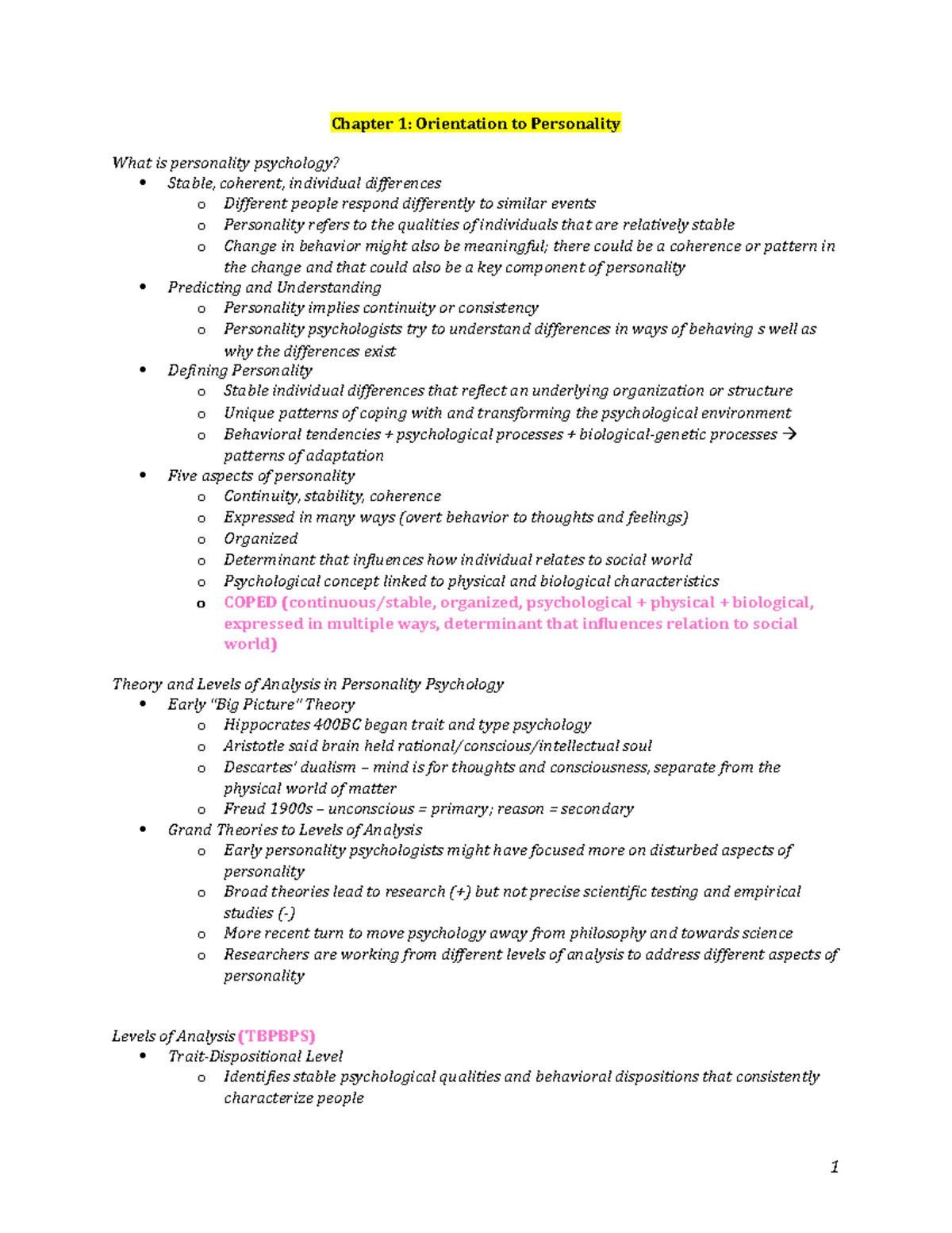 Personality Textbook Notes - Chapter 1: Orientation to Personality What ...