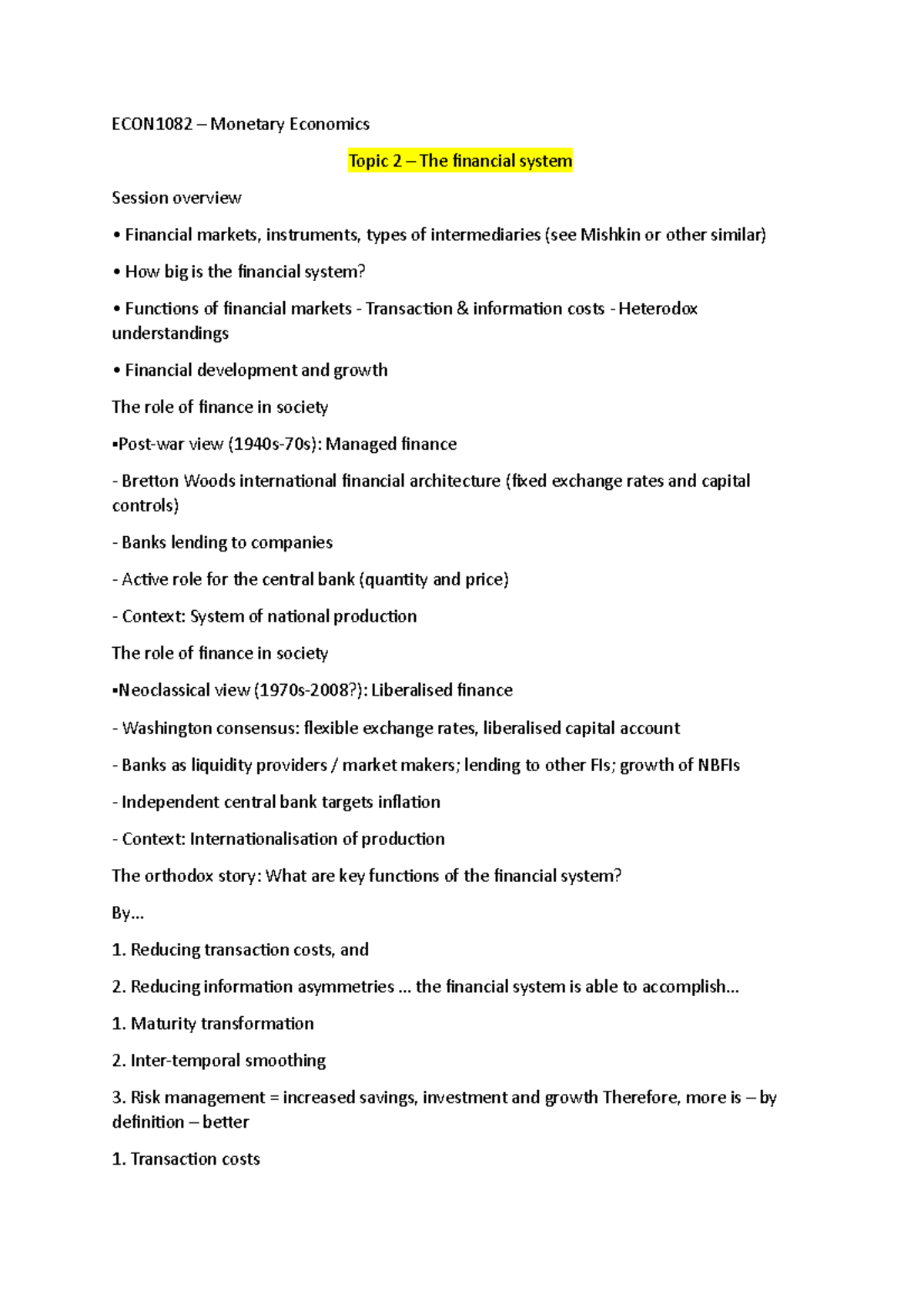 Monetary economics - topic 2 - ECON1082 – Monetary Economics Topic 2 ...