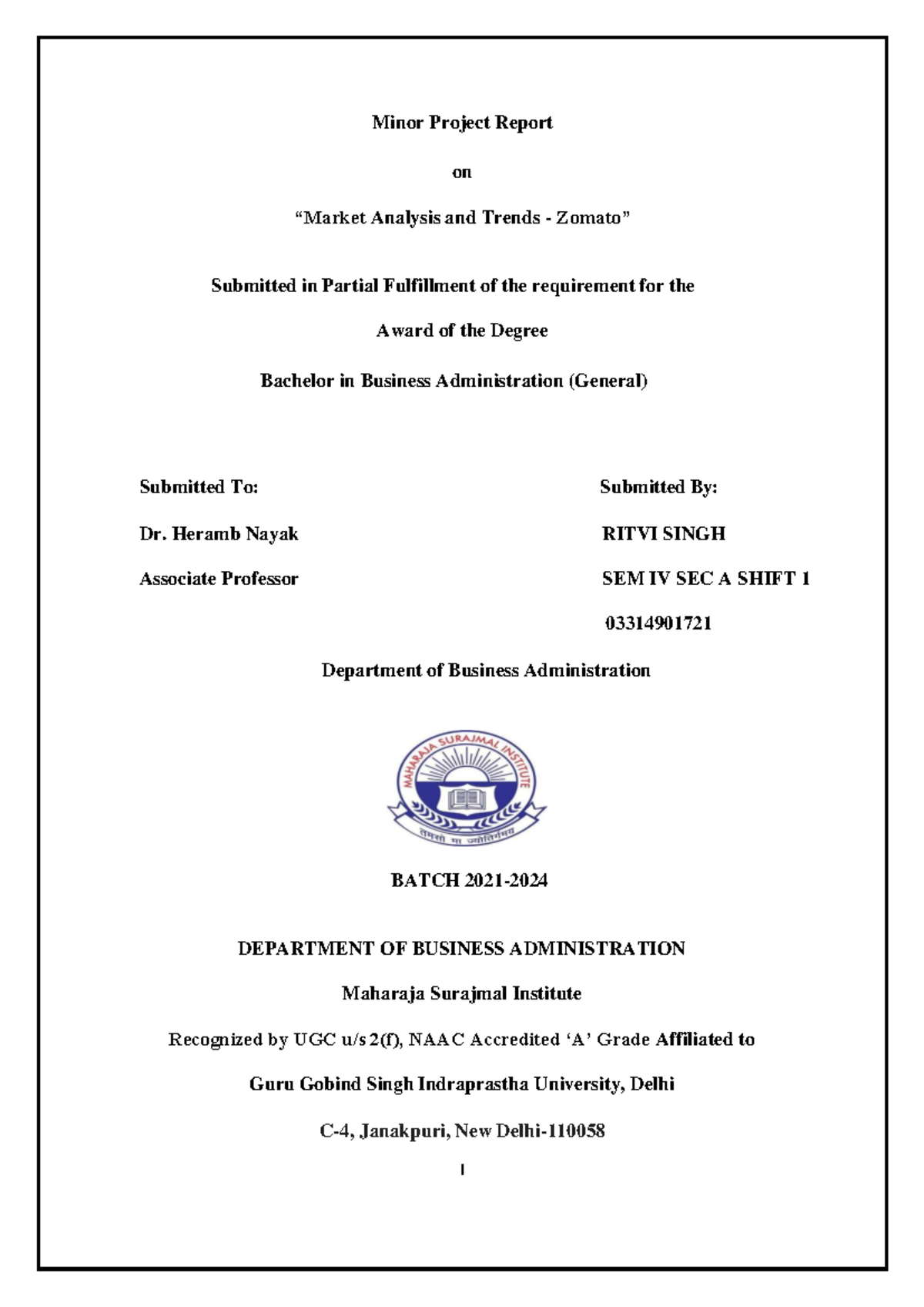 Minor Project Report Zomato Final - Minor Project Report on “Market ...