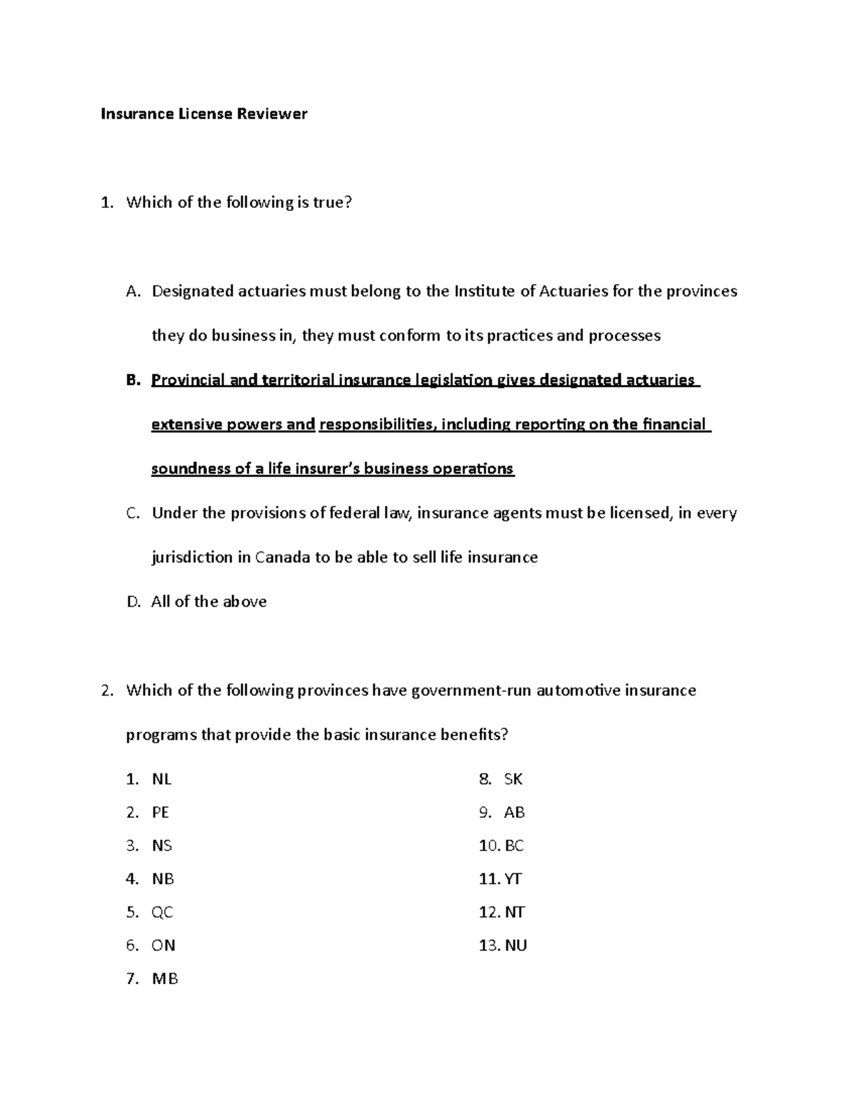 Insurance License Reviewer - Insurance License Reviewer Which of the ...