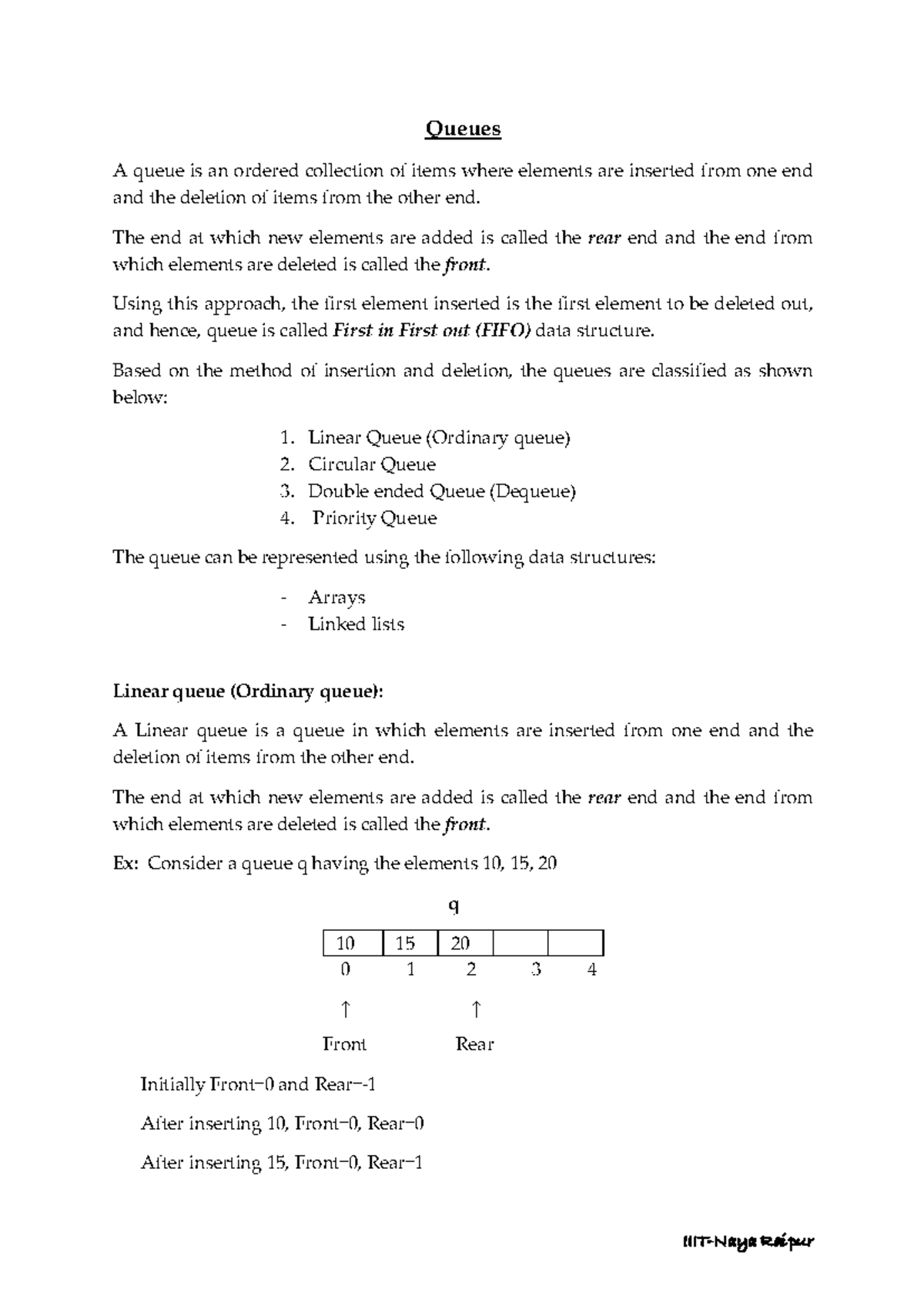 Queues Notes - vcbcvb - Queues A queue is an ordered collection of ...