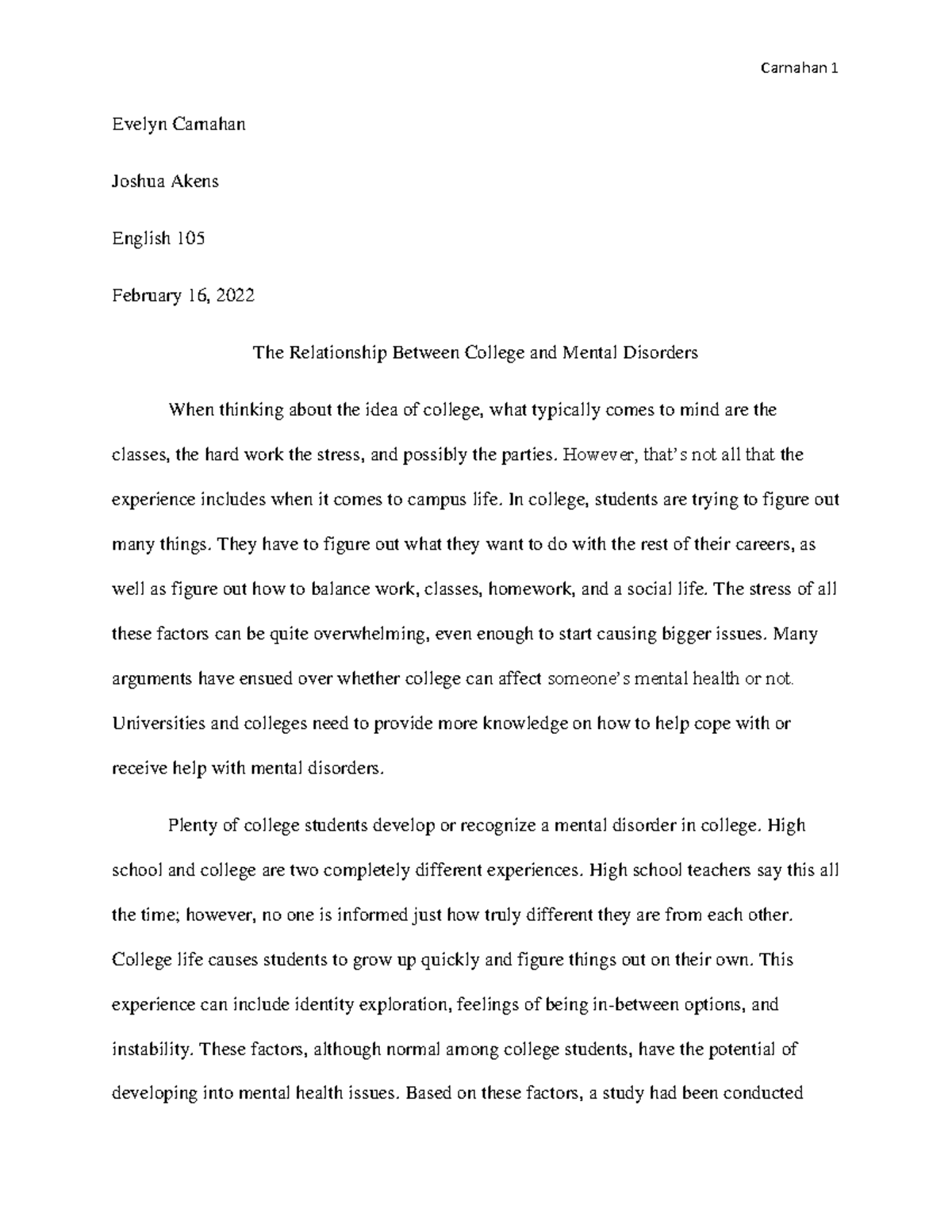 The Relationship Between College and Mental Disorders Final Draft 1 ...