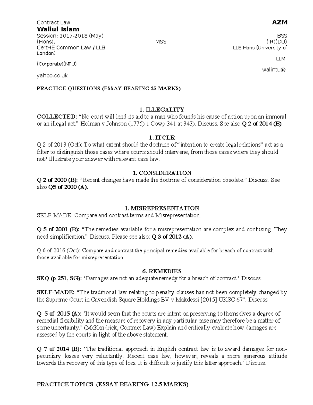 Essay-2018 (May) - ddd - Contract Law AZM Waliul Islam Session: 2017 ...