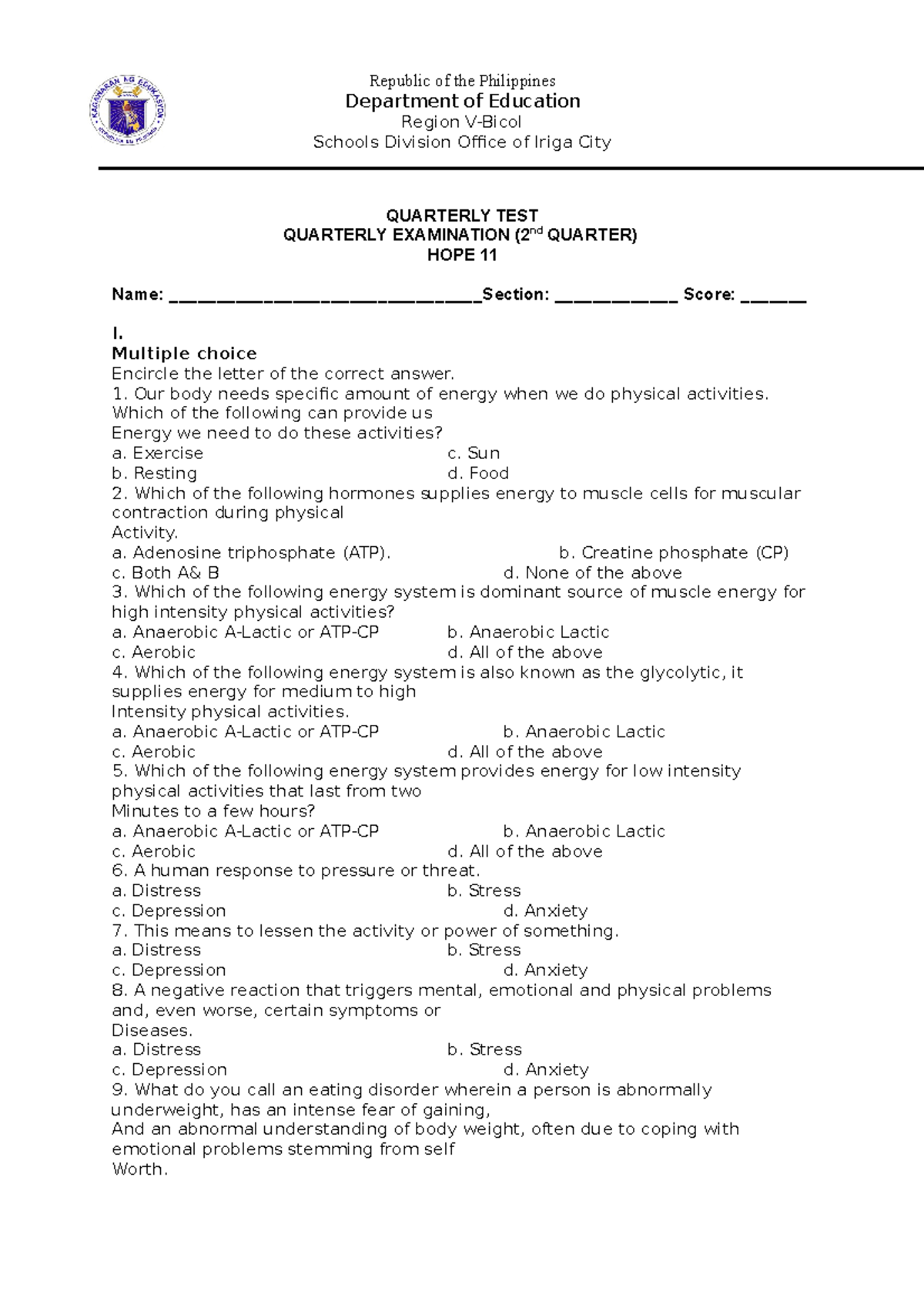2nd quarter exam - summative test - Department of Education Region V ...