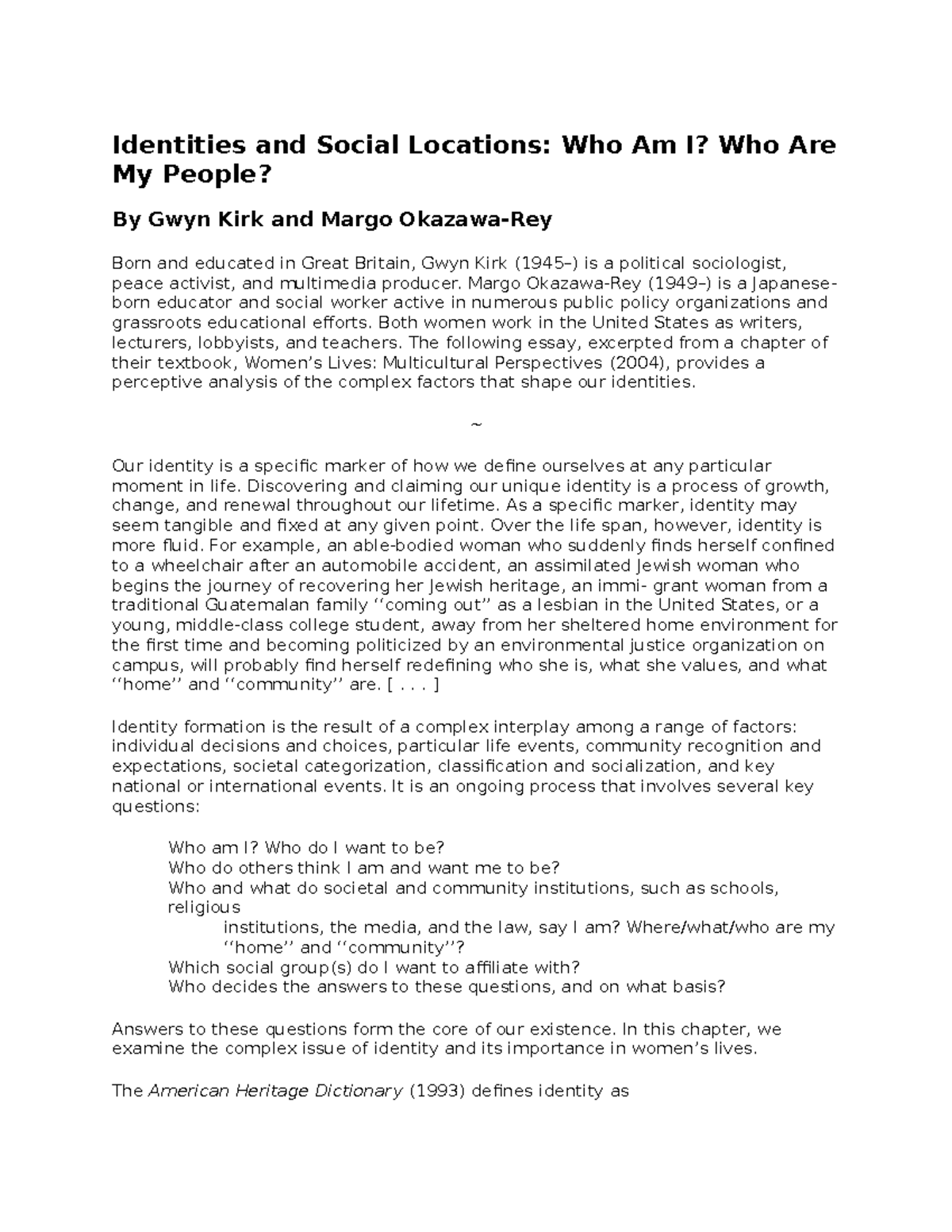 Gwyn Kirk and Margo Okazawa-Rey - Identities and Social Locations ...