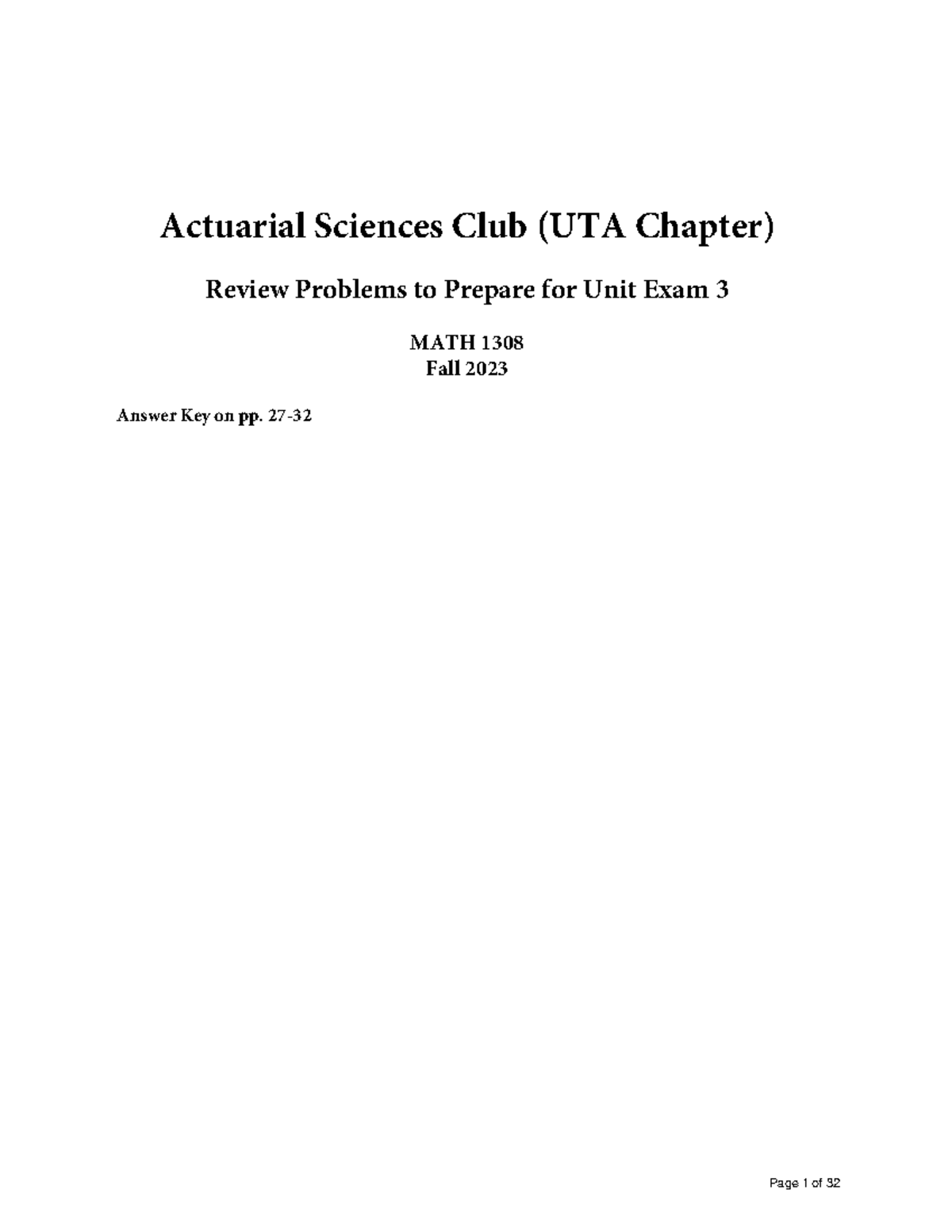 MATH 1308 Unit Exam 3 Review (for ASC) - Actuarial Sciences Club (UTA Chapter) Review Problems ...