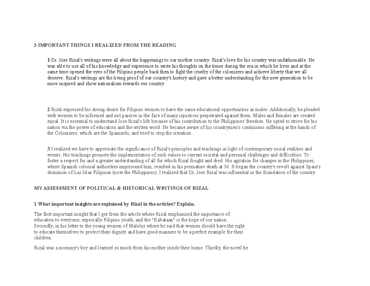 Rizal - Grade: A - 3 IMPORTANT THINGS I REALIZED FROM THE READING 1 Dr ...
