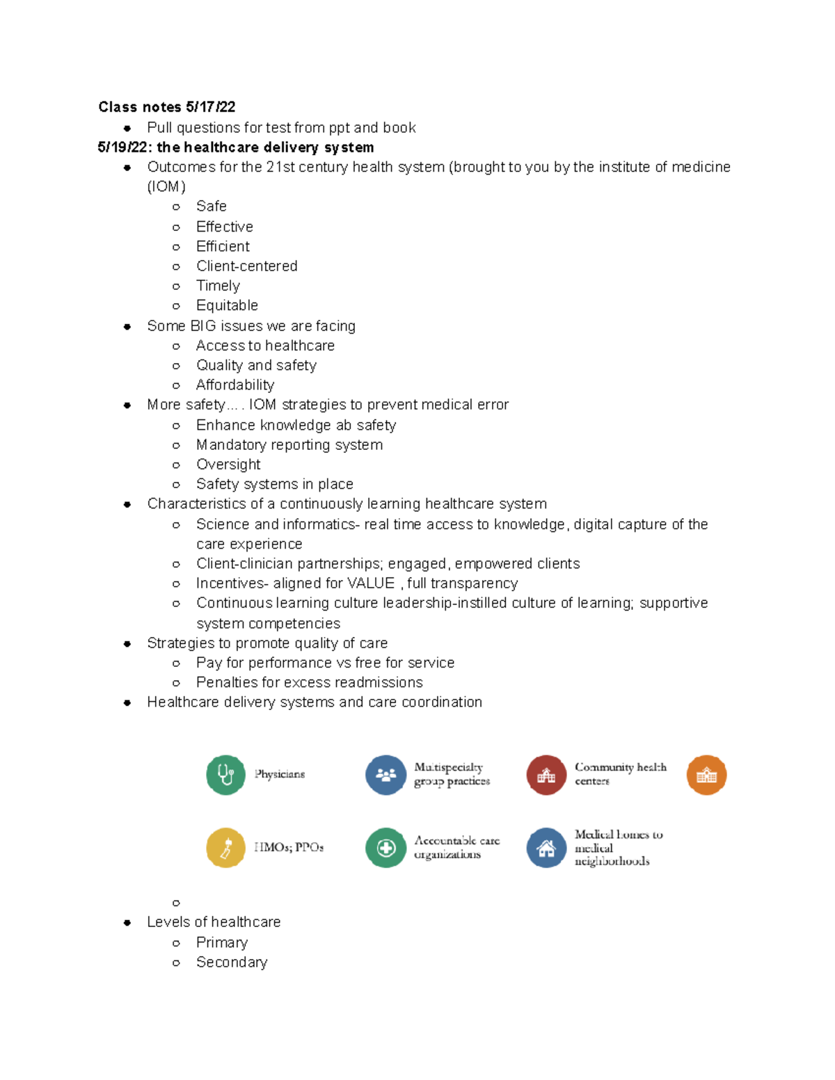 229 class notes - healthcare delivery - Class notes 5/17/ Pull ...