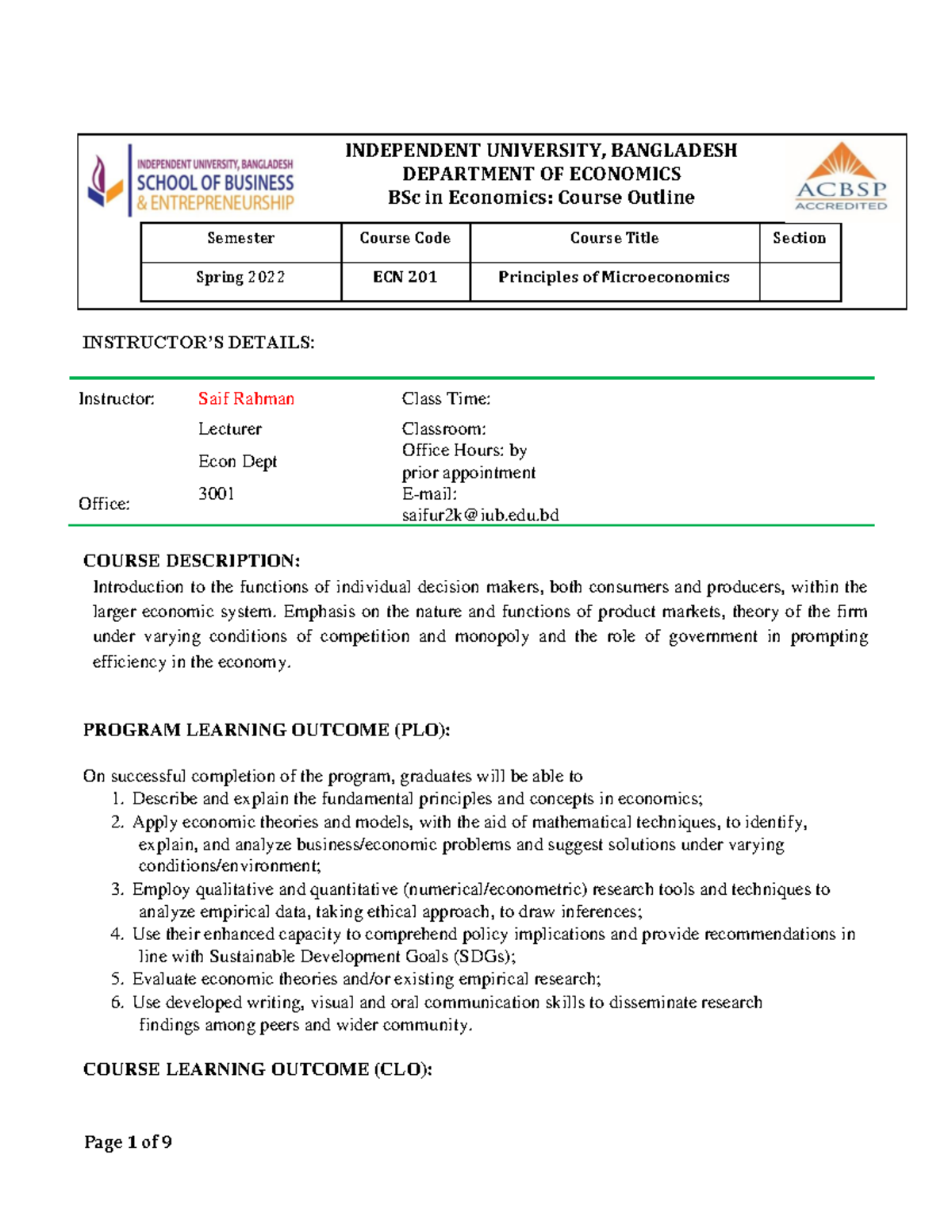 Ecn201 course outline - abcd - INDEPENDENT UNIVERSITY, BANGLADESH ...