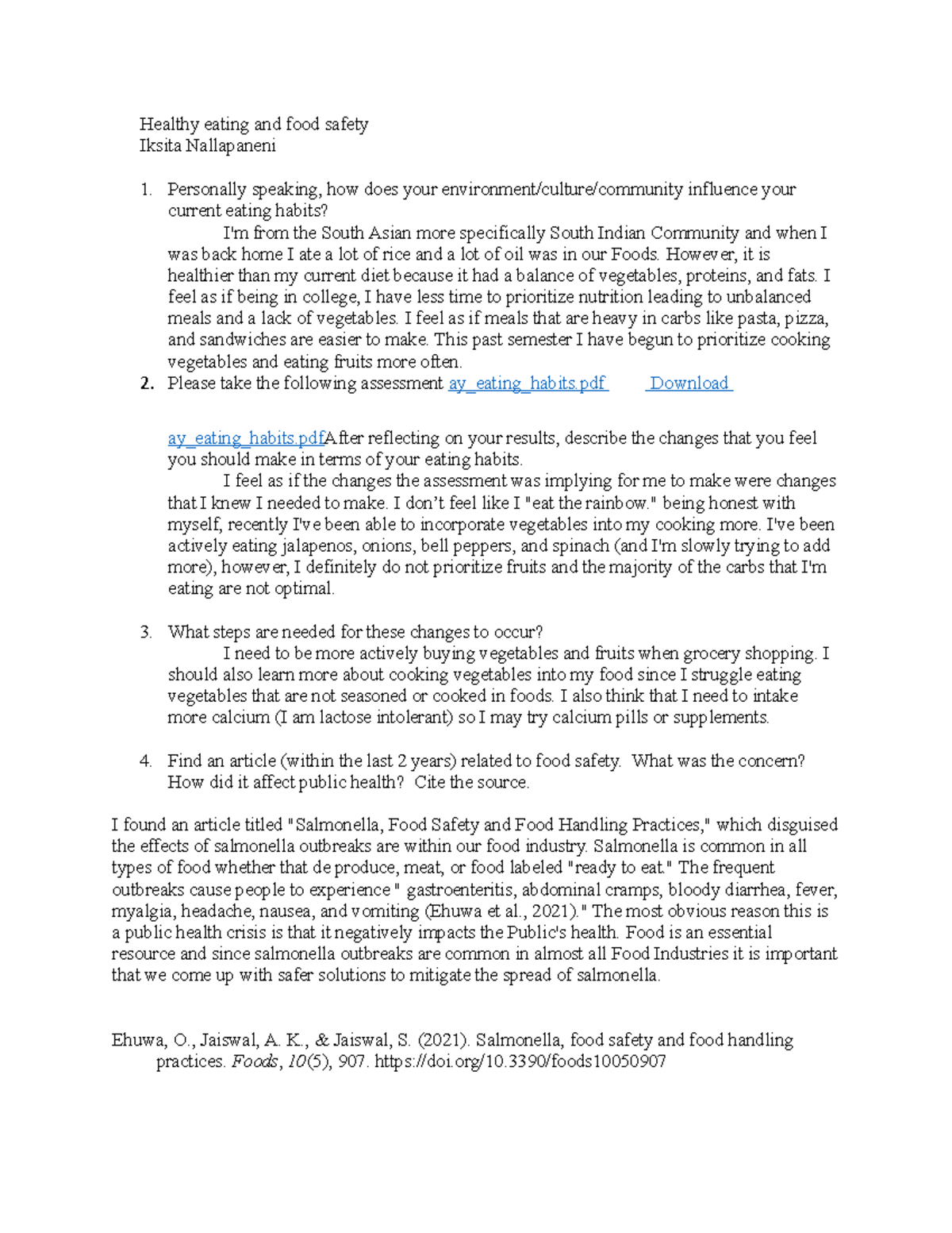 Healthy eating and food safety Assignment Dimensions of wellness ...
