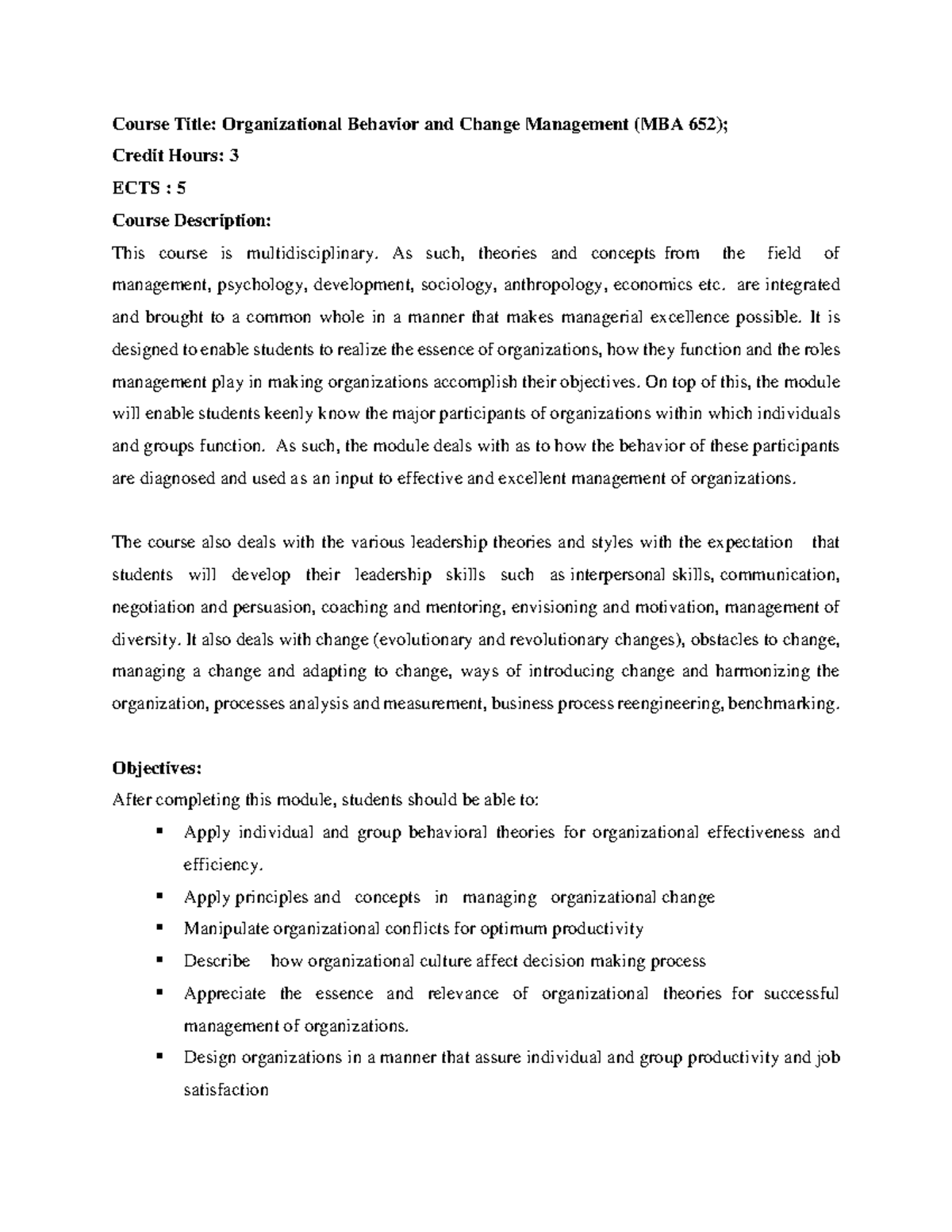 Course Outline for OB - fine - Course Title: Organizational Behavior ...