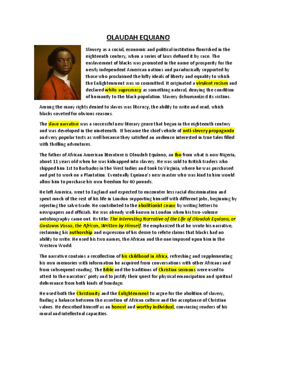 Olaudah Equiano - Summary and exploratory questions related to the ...