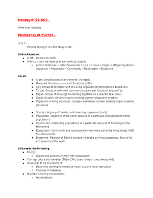 Week 2 - biology - Monday 01/30/ Unit 1. Cells - Structure and Function ...