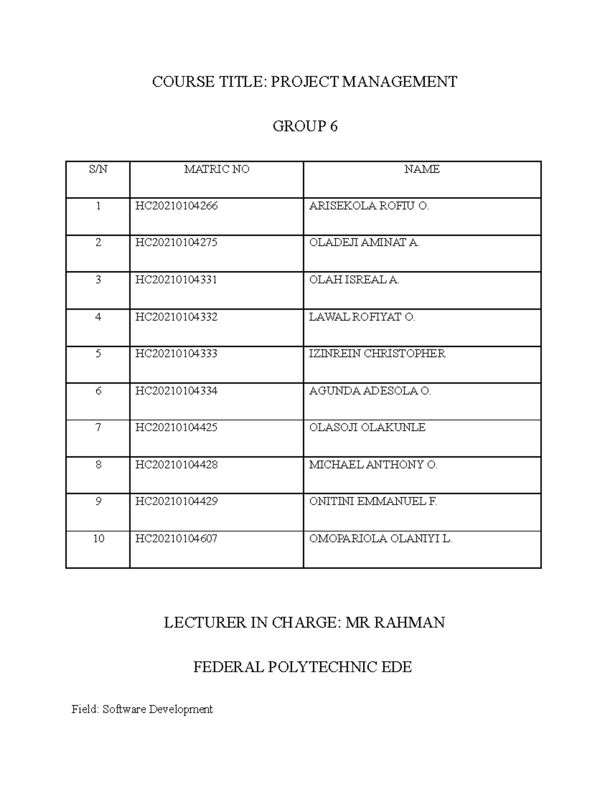 Group 6 Project mgt - COURSE TITLE: PROJECT MANAGEMENT GROUP 6 S/N ...
