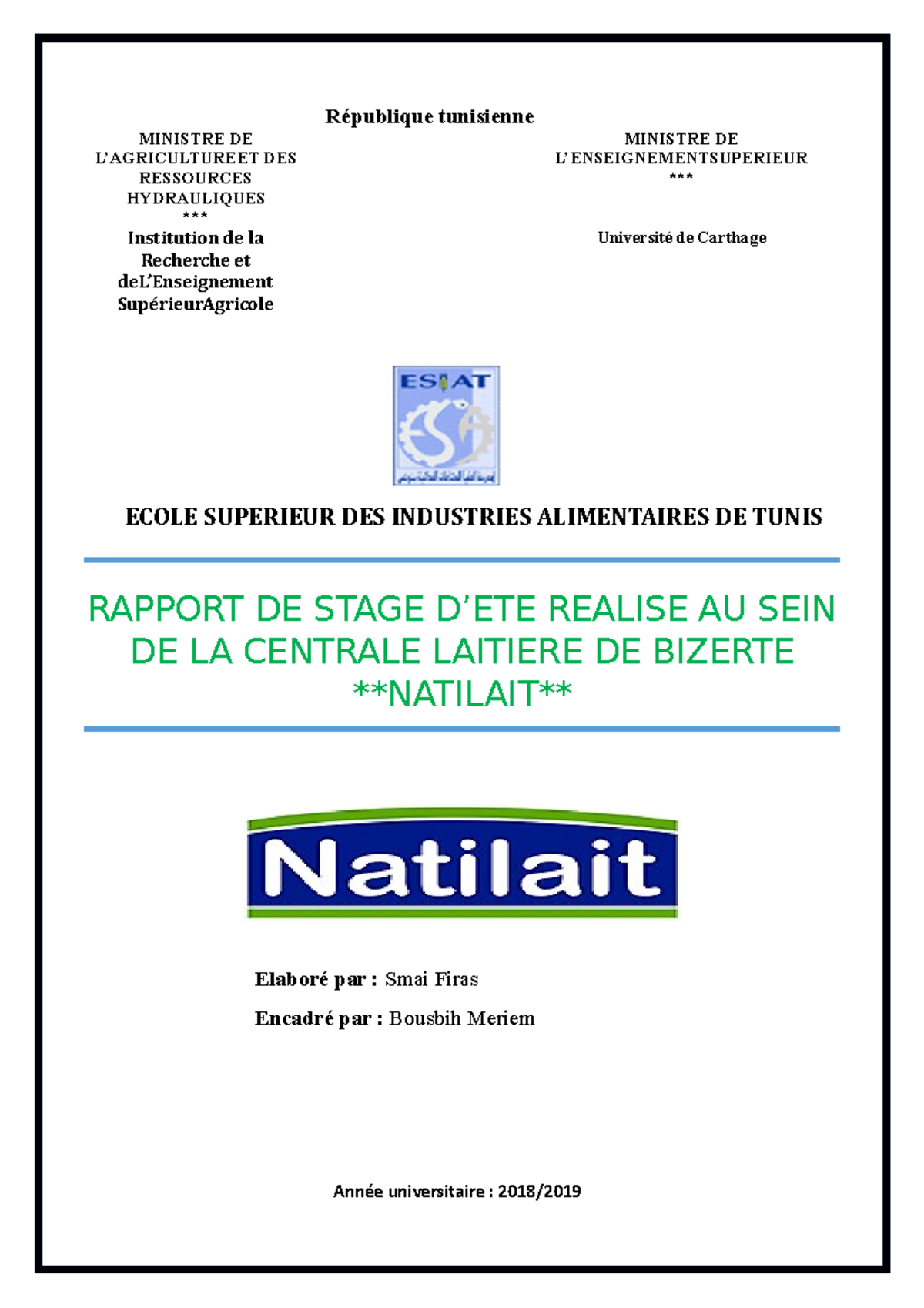 Rapport-de-stage-natilait - RAPPORT DE STAGE D’ETE REALISE AU SEIN DE LA CENTRALE LAITIERE DE ...