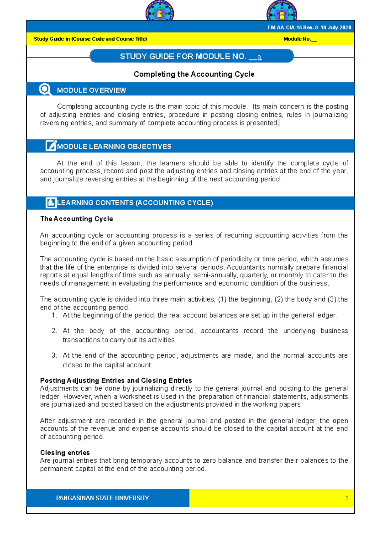Acctg 101 SG 8 - 8 Completing the Accounting Cycle MODULE OVERVIEW Completing accounting cycle ...