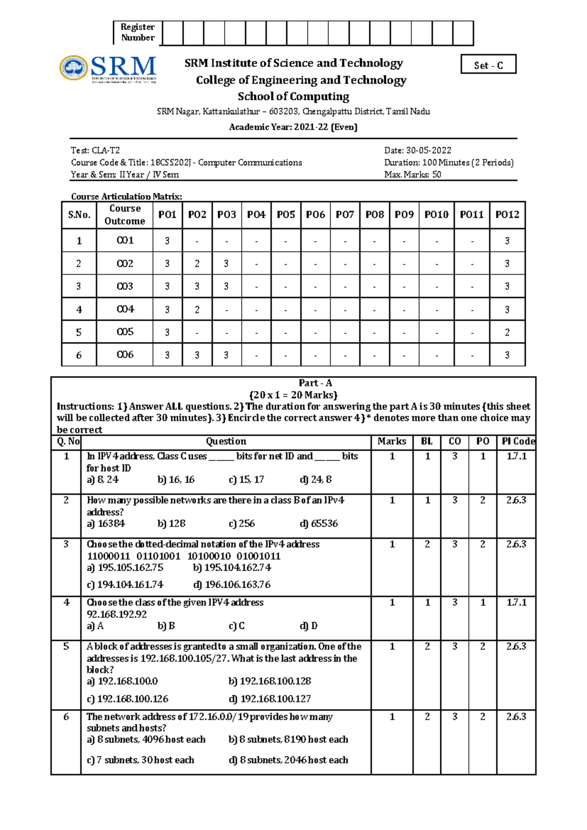 CT2 PDF CC - CT 2 QP - Register Number SRM Institute of Science and Technology College of - Studocu