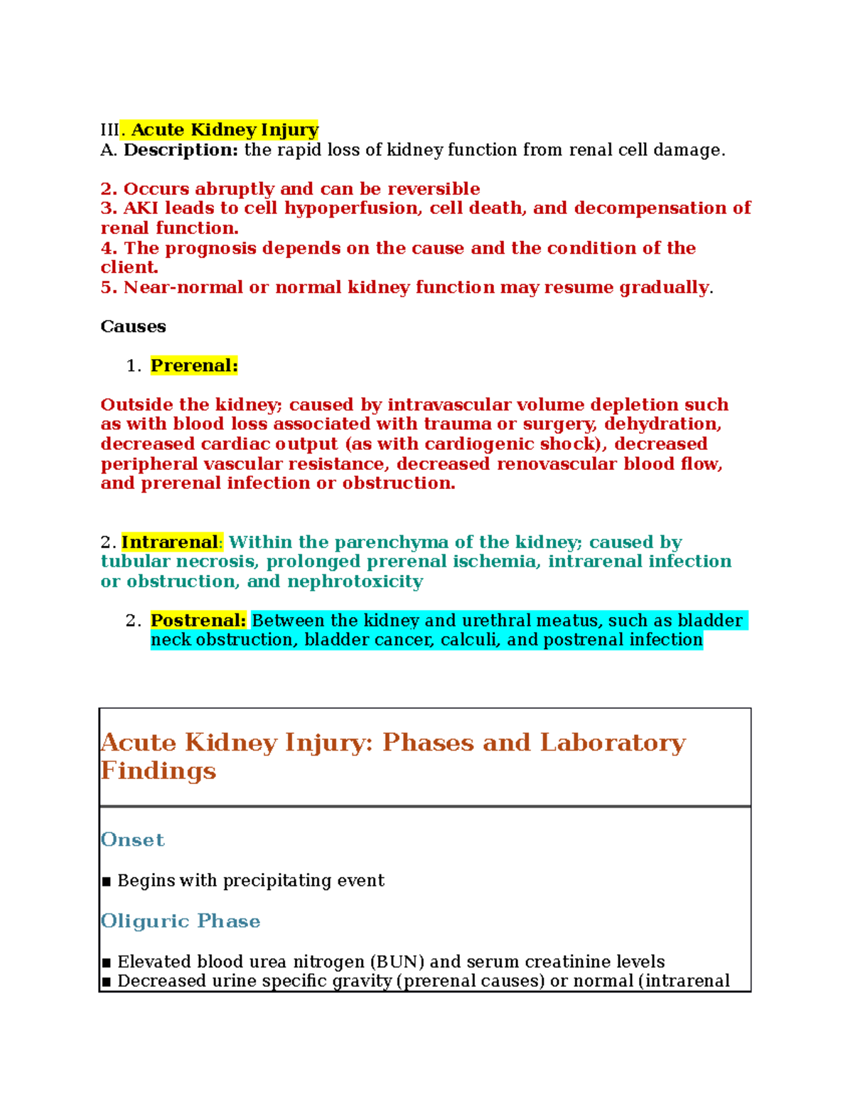 Aki study guidejjjjj - III. Acute Kidney Injury A. Description: the ...