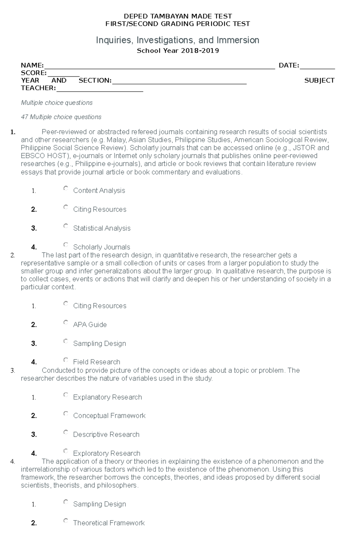 Inquiries, Investigations, and Immersion - DEPED TAMBAYAN MADE TEST ...