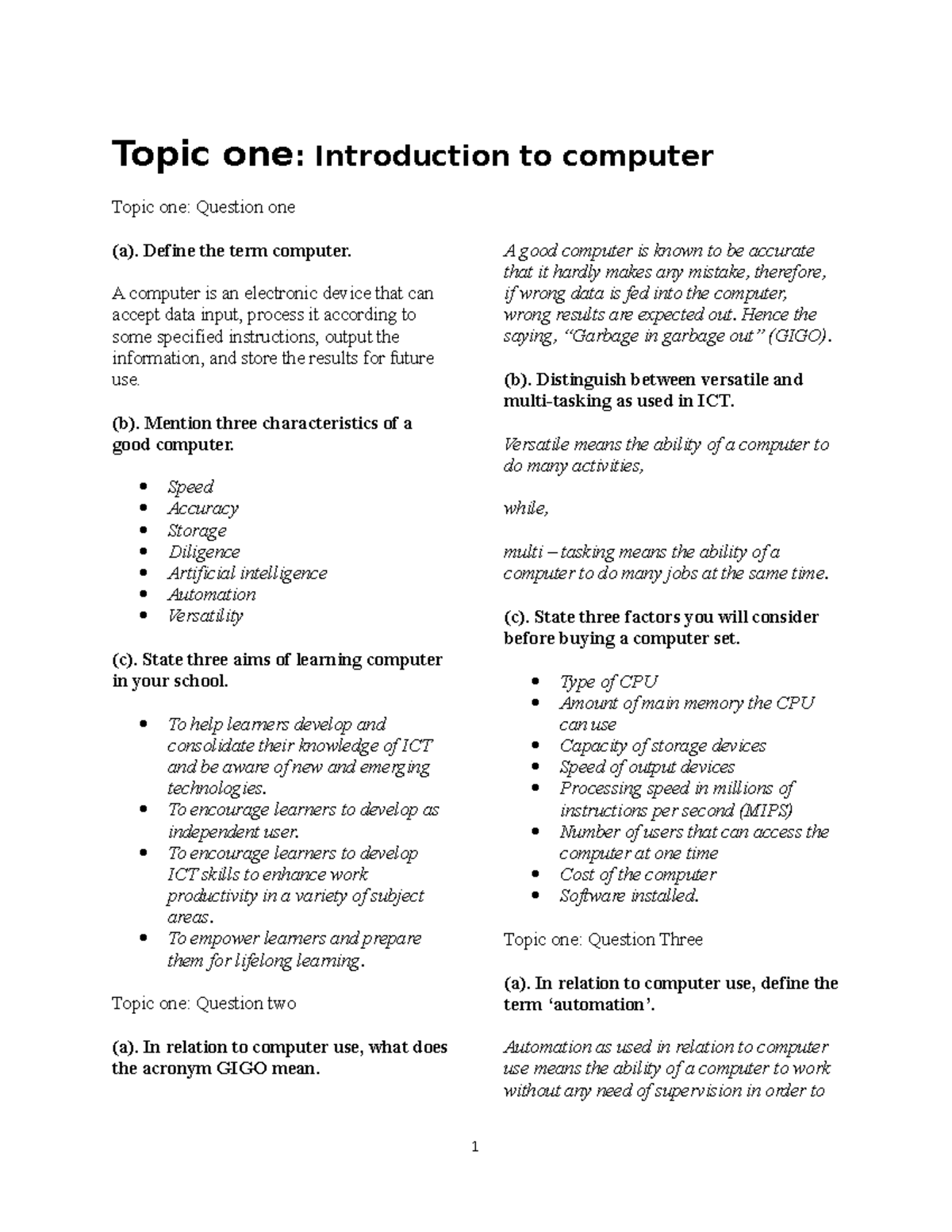 Answers On Topic 1 - yes - Topic one: Introduction to computer Topic one: Question one (a ...