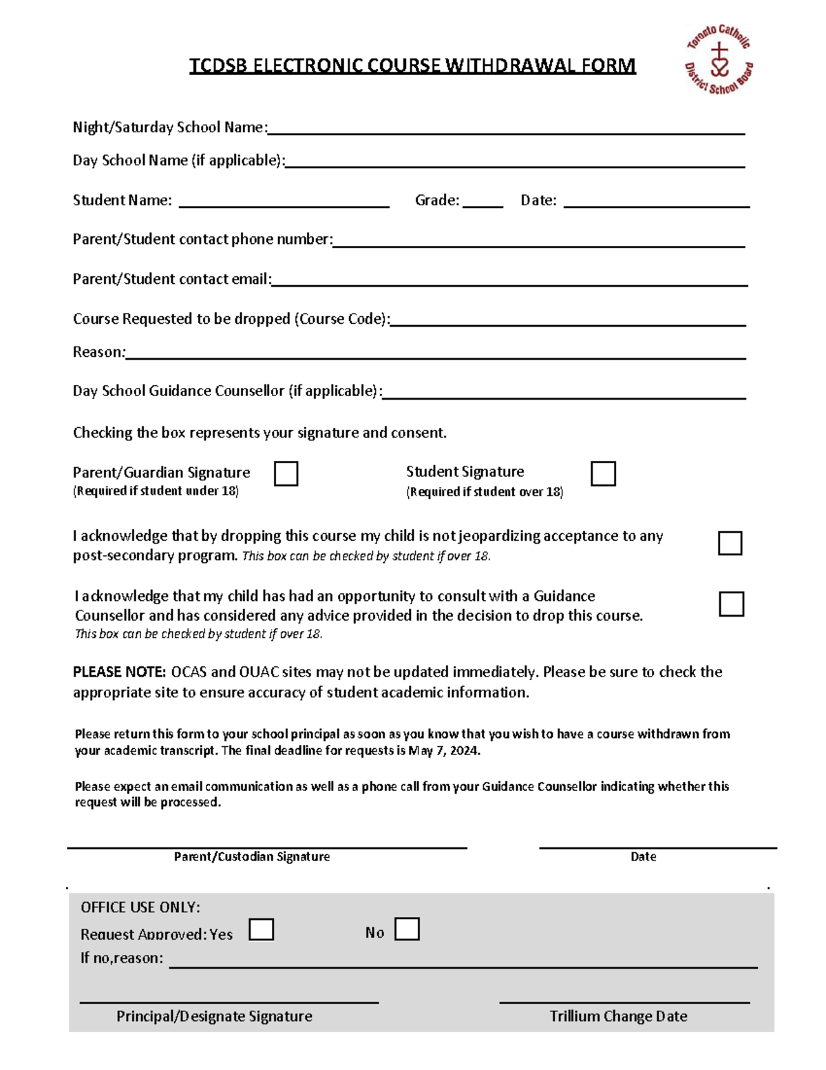 Course Withdrawal request - CE (Fillable) - TCDSB ELECTRONIC COURSE ...