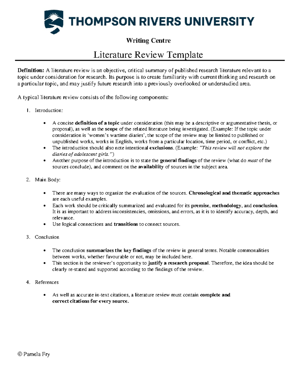 Literature Review Template 30564 - Pamela Fry Writing Centre Literature ...