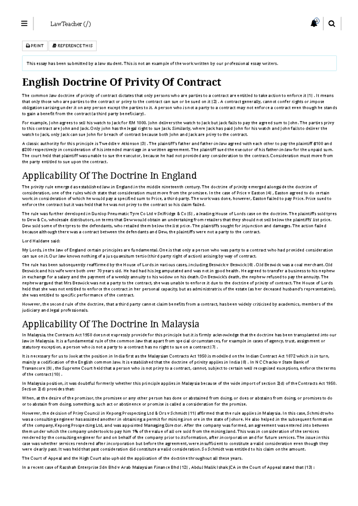 English Doctrine Of Privity Of Contract PRINT This Essay Has Been
