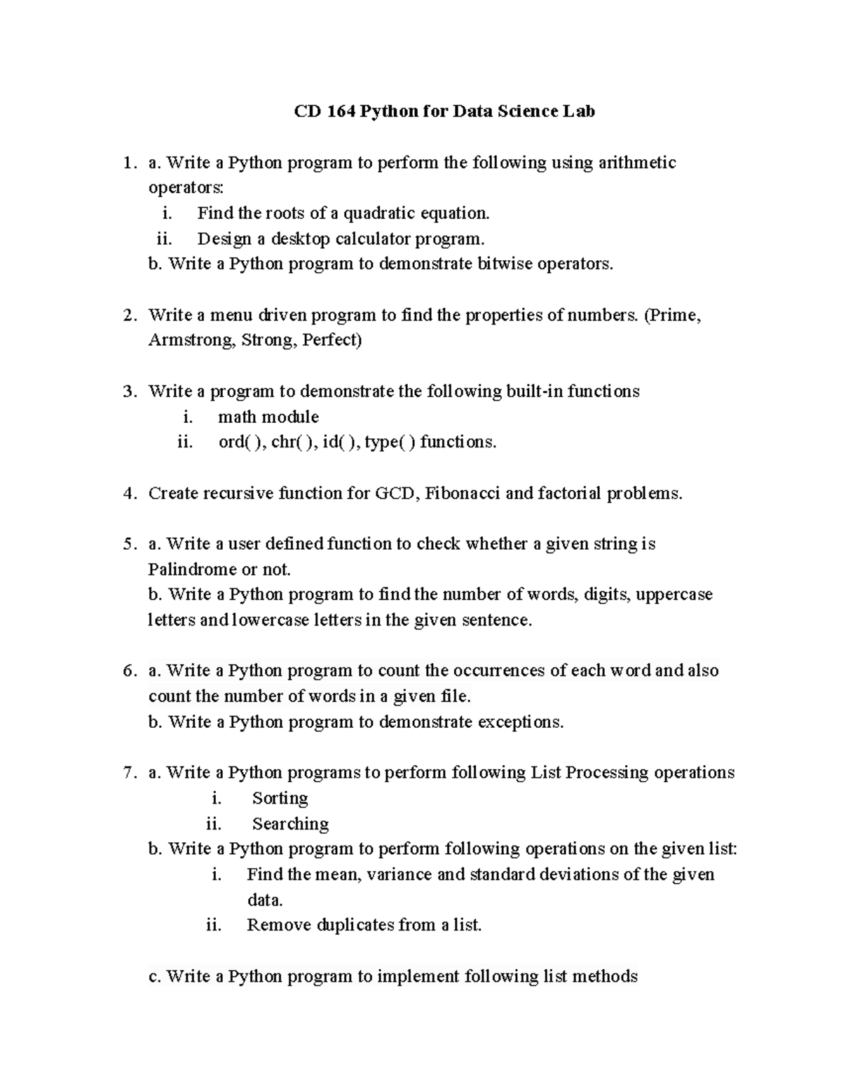 CD164 Pyhton Lab Programs - CD 164 Python for Data Science Lab a. Write a Python program to ...