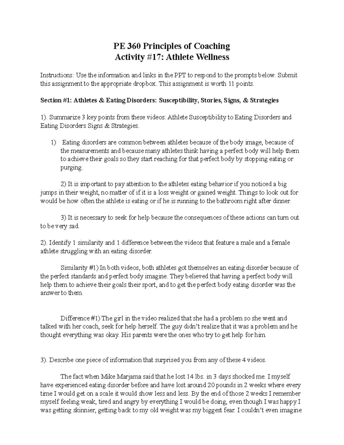 Activity #17 Athlete Wellness - PE 360 Principles of Coaching Activity ...