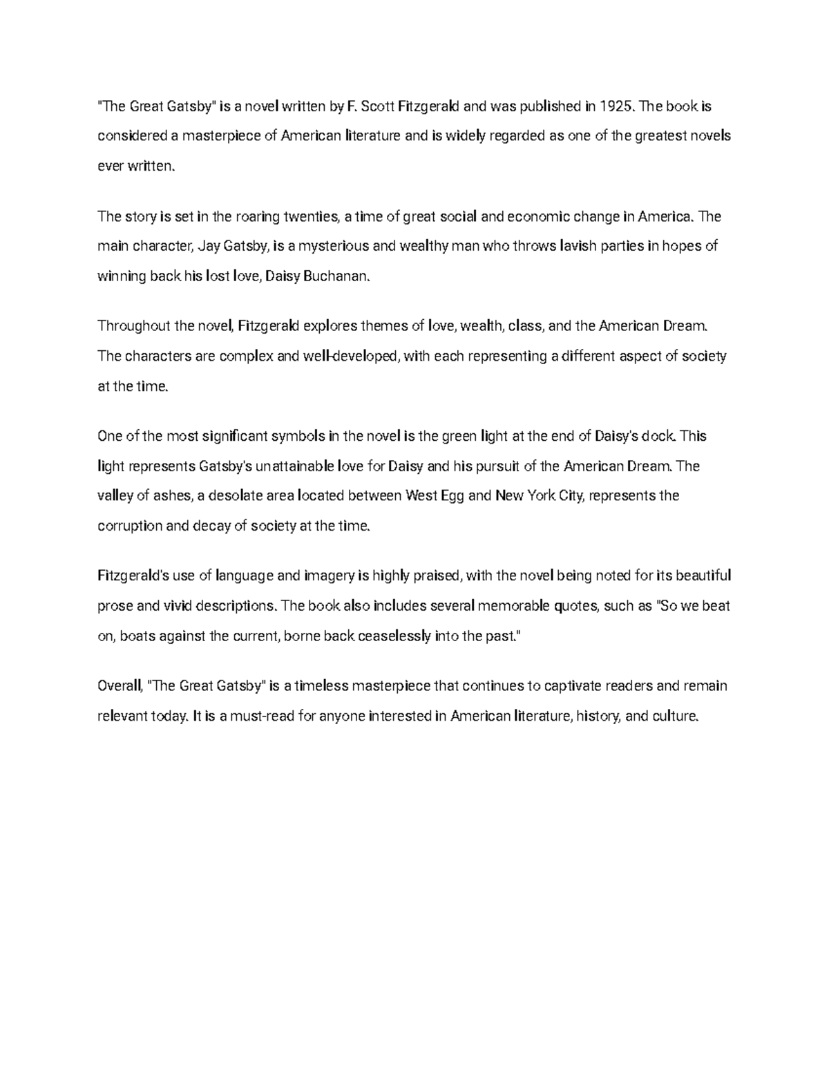 notes about english - "The Great Gatsby" is a novel written by F. Scott ...