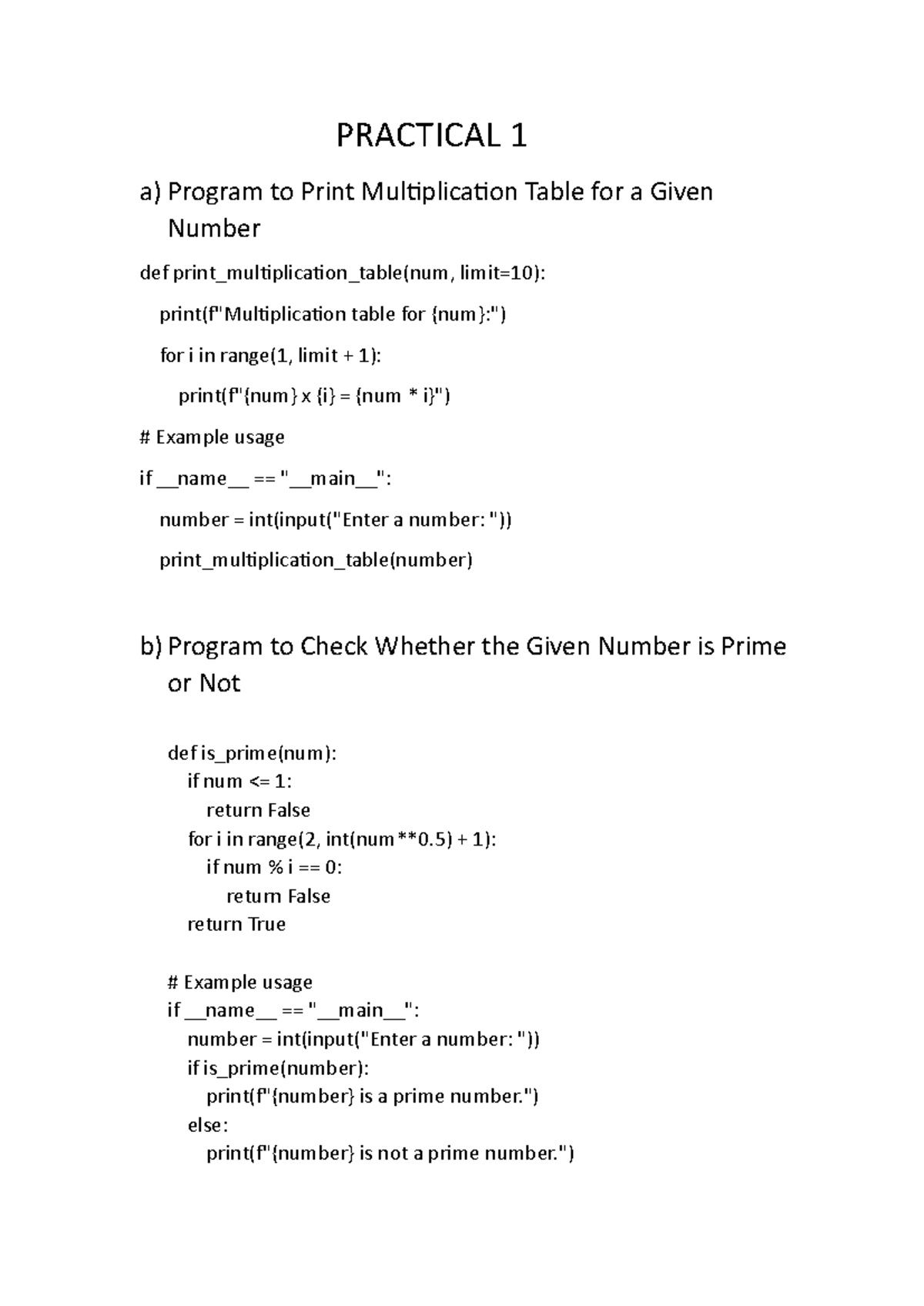 AI Practical - PRACTICAL 1 a) Program to Print Multiplication Table for ...