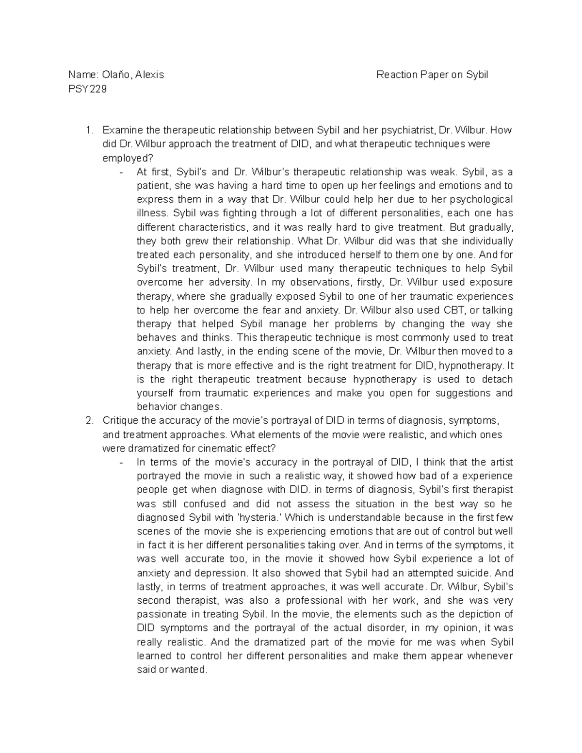 Reflection Paper Olaño - Name: Olaño, Alexis Reaction Paper on Sybil ...