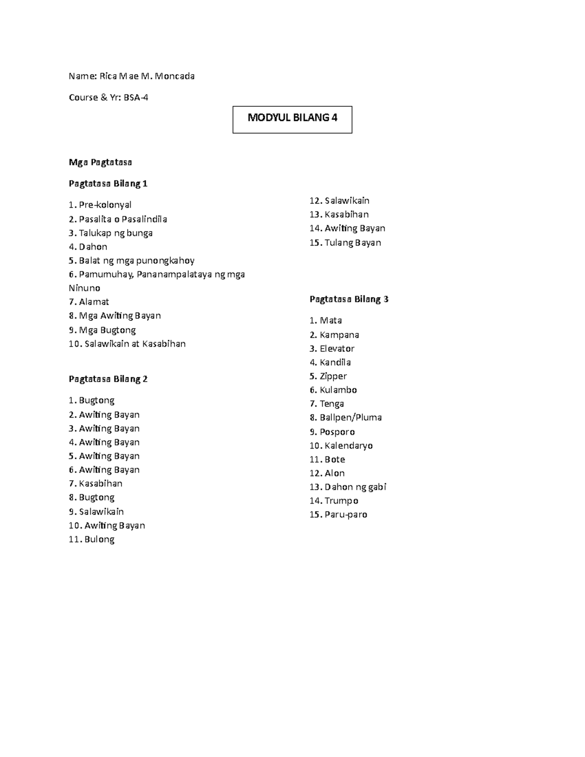 Filipino Midterm Examination and Semi Final Examination - Name: Rica ...
