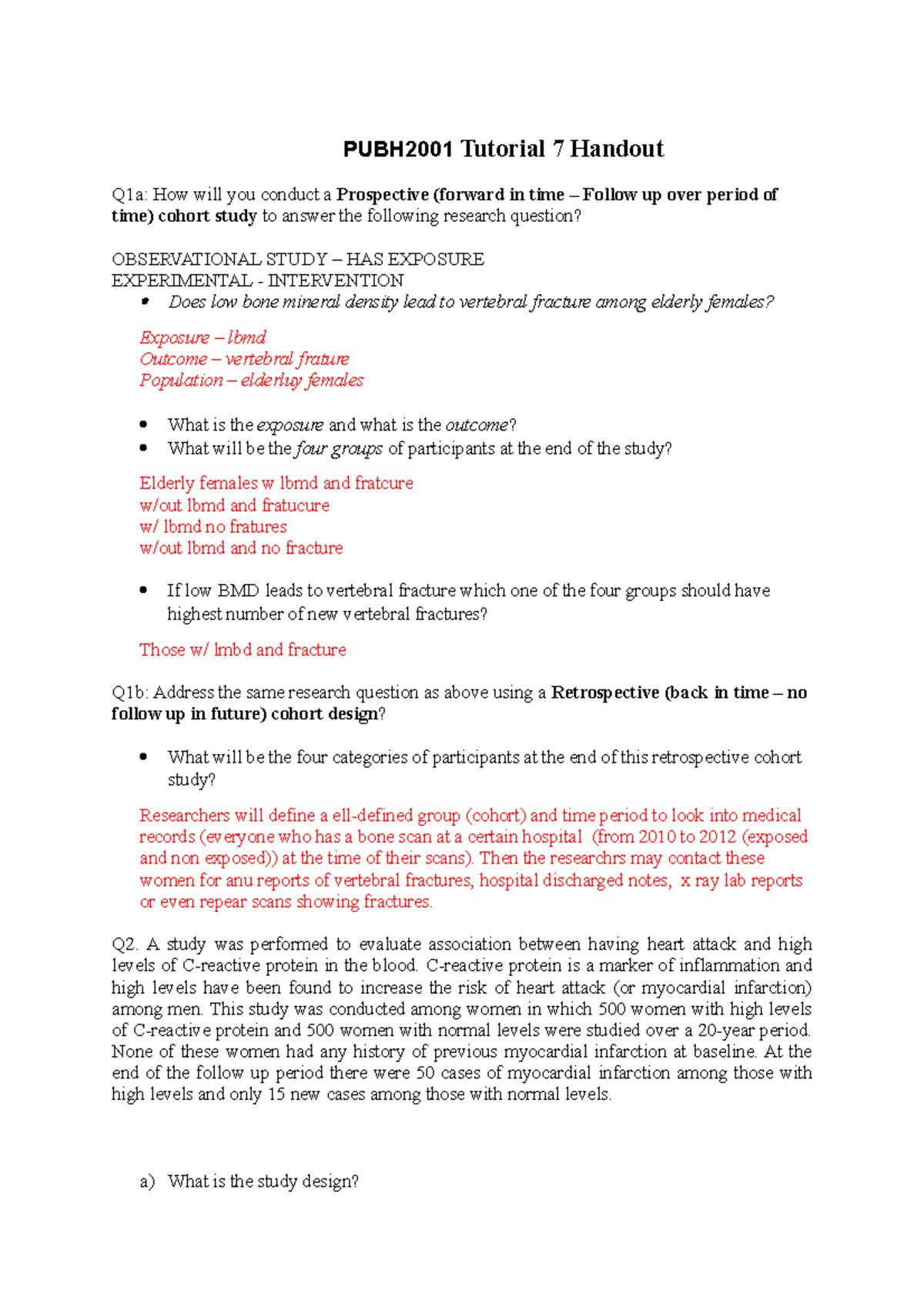 Pubh2001 Tutorial 7 Handout Pubh2001 Tutorial 7 Handout Q1a How Will You Conduct A