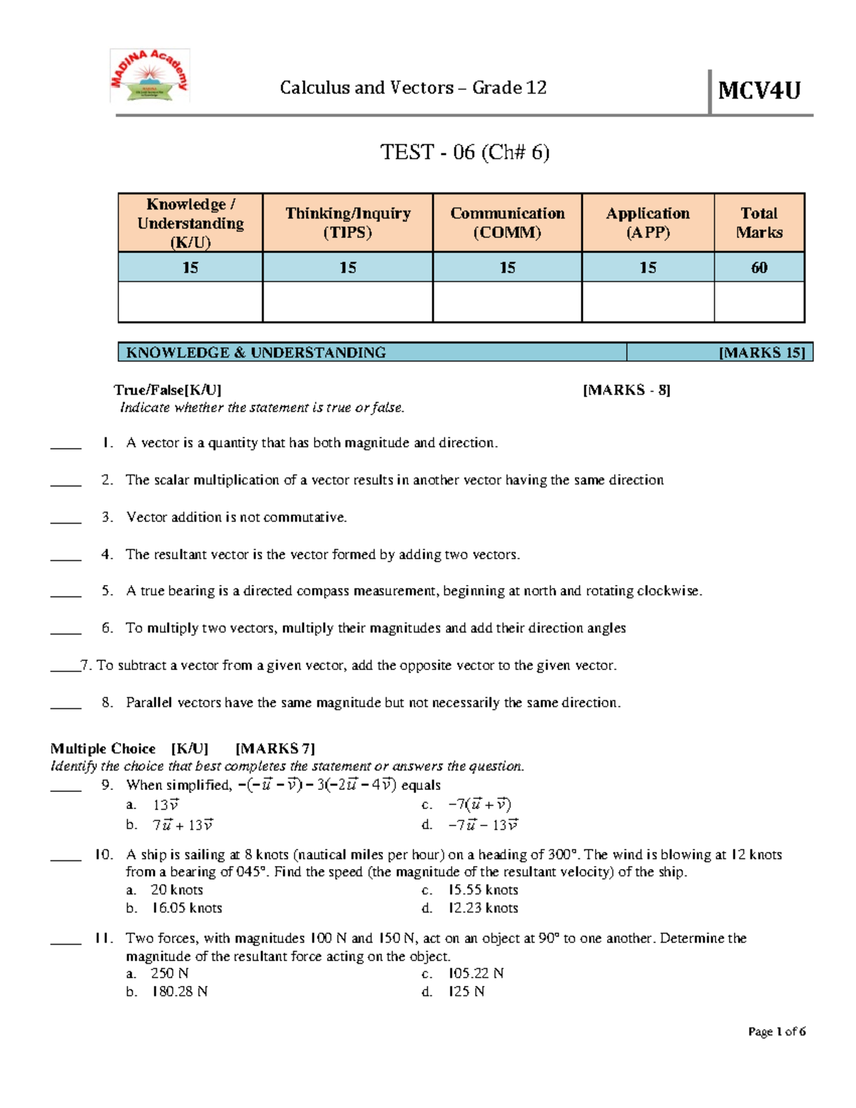 6 TEST - 6 Ch # 6 Madina - cfjh - Calculus and Vectors – Grade 12 MCV4U ...
