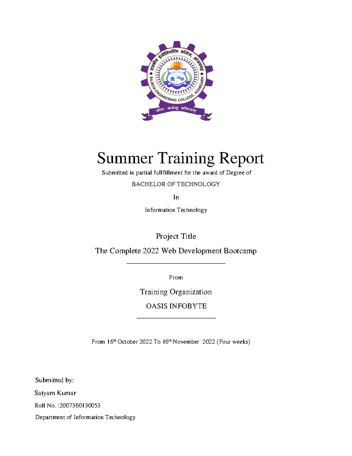 Internship report - Summer Training Report Submitted in partial ...