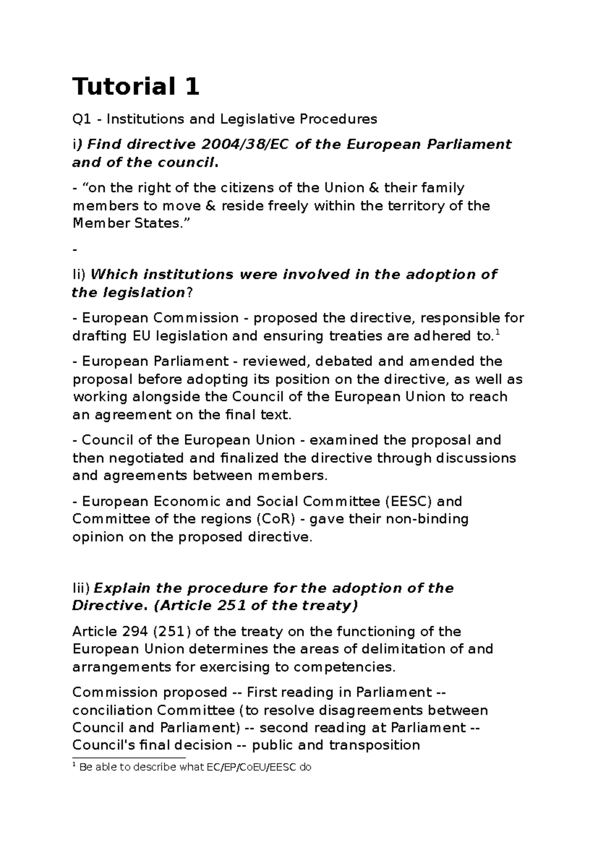 EU tut 1 - Tutorial 1 worked notes - Tutorial 1 Q1 - Institutions and ...
