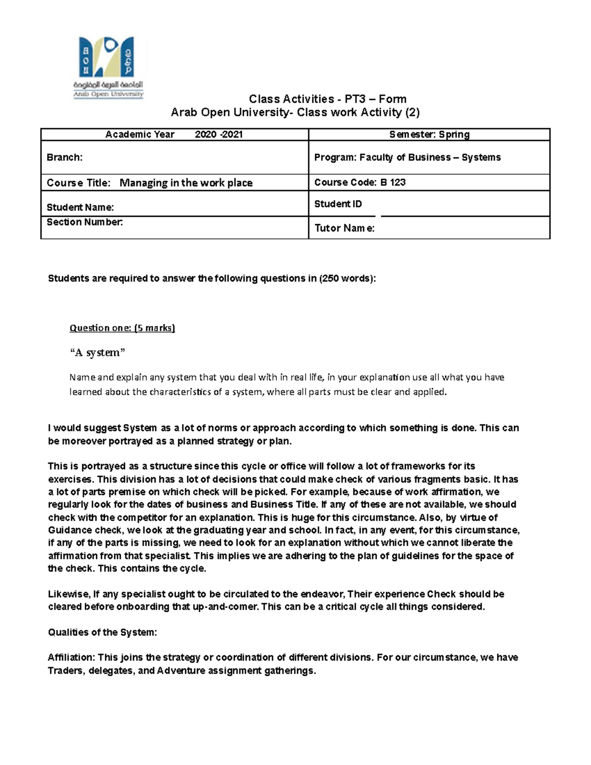 Class Activity-2 - Class Activities - PT3 – Form Arab Open University- Class work Activity (2 ...