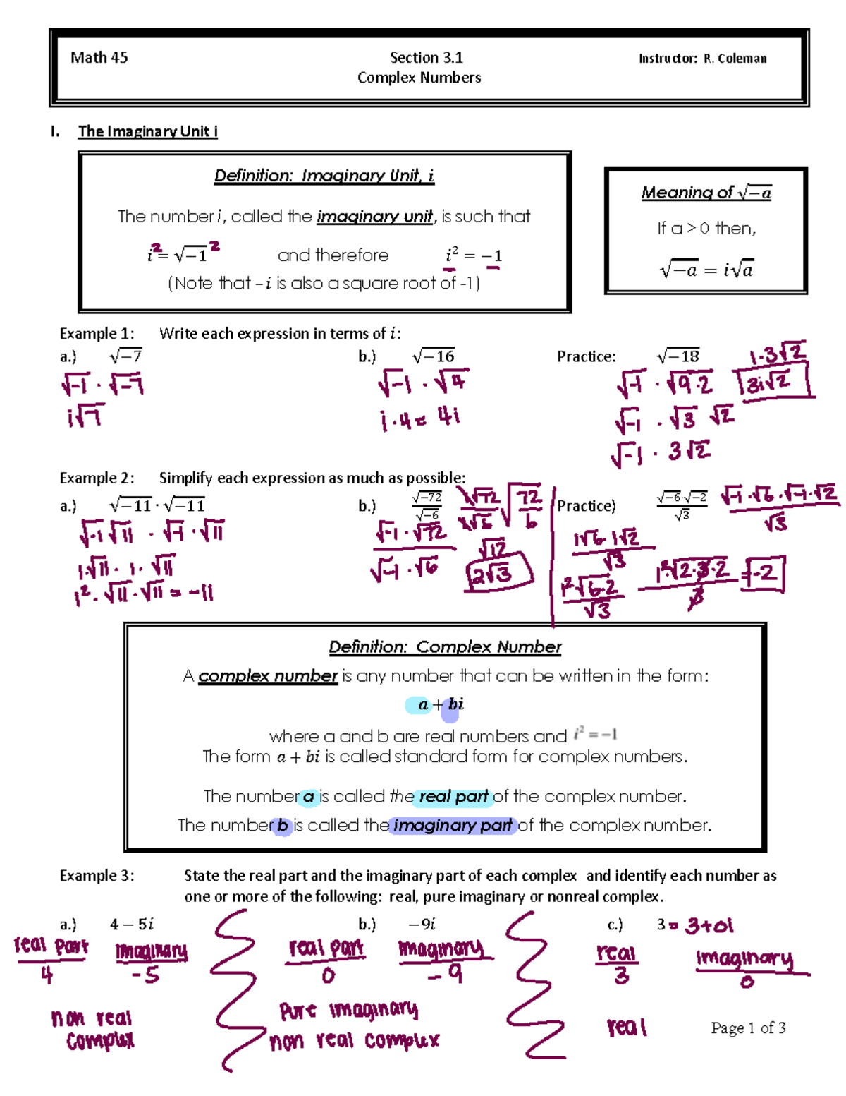 M45 LN 3.1 Complex Numbers - Page 1 of 3 Math 45 Section 3 .1 ...
