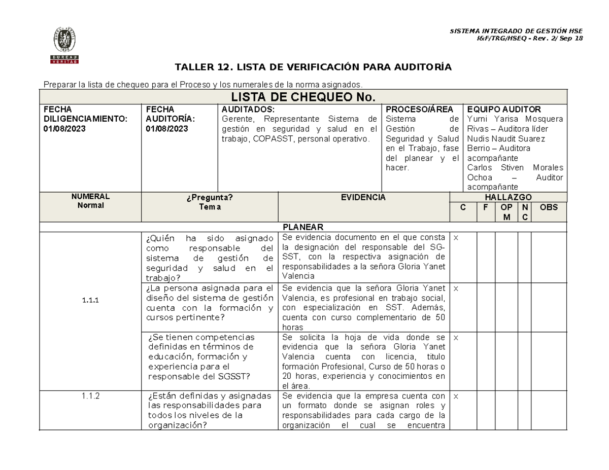 Taller 12 Lista Verificacion (2) - I&F/TRG/HSEQ - Rev. 2/ Sep 18 TALLER ...