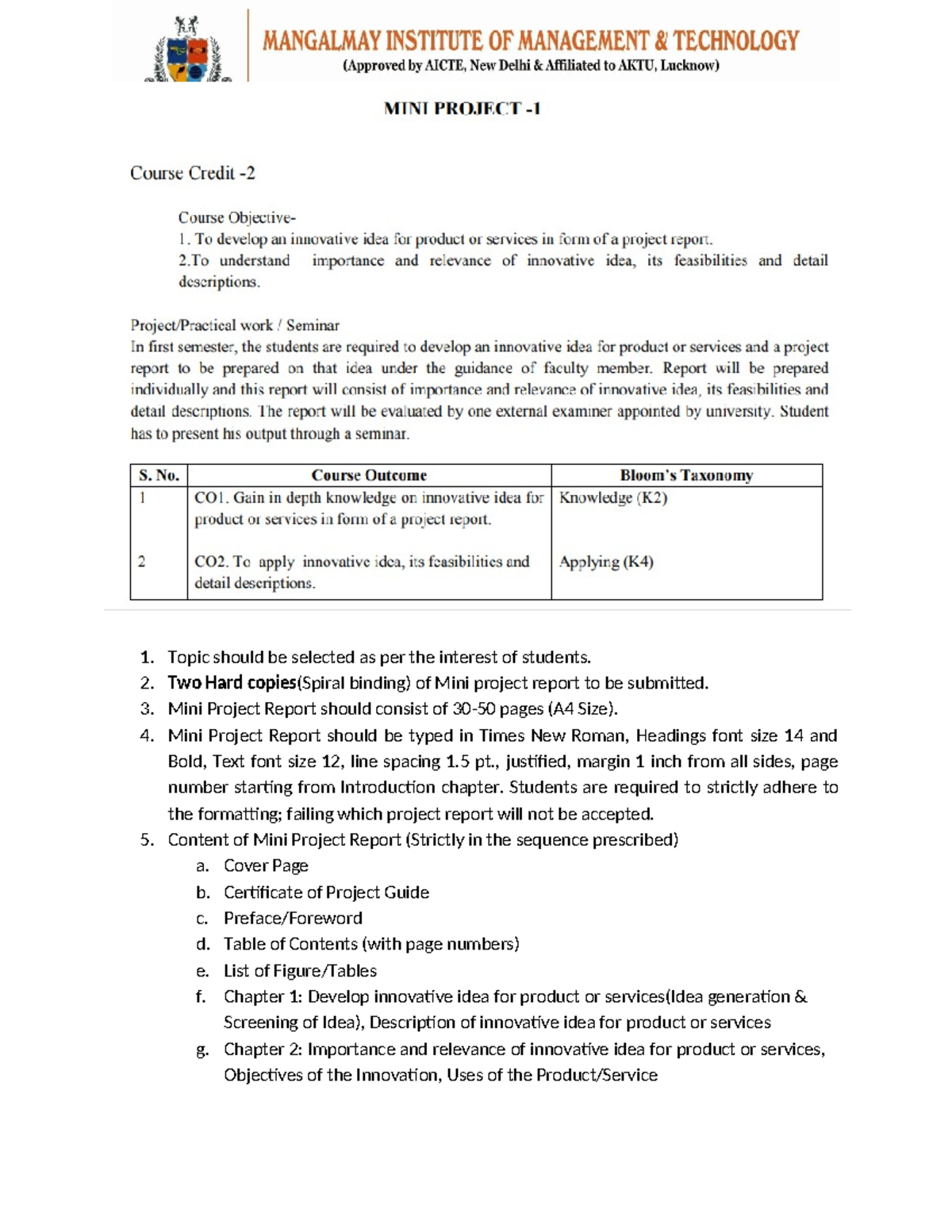 Guidelines for Mini Project-I 2024-25 - Topic should be selected as per ...