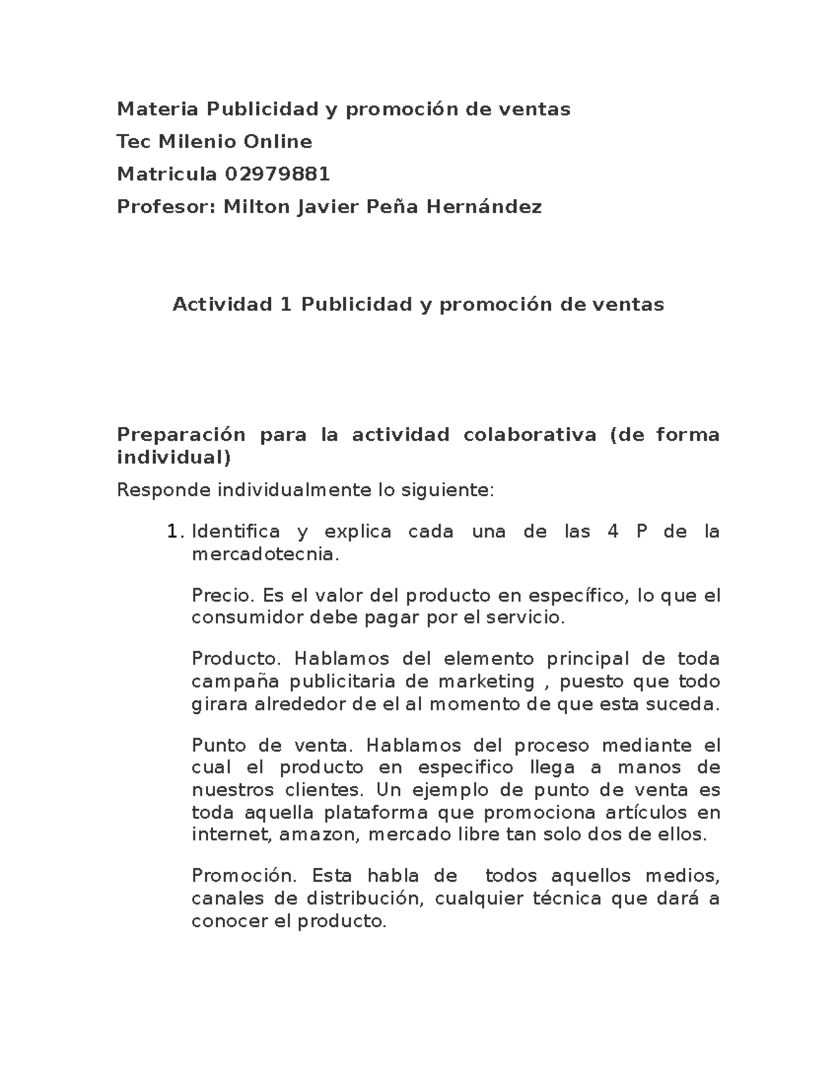 Actividad 1 Publicidad Y Promoción De Ventas Materia Publicidad Y