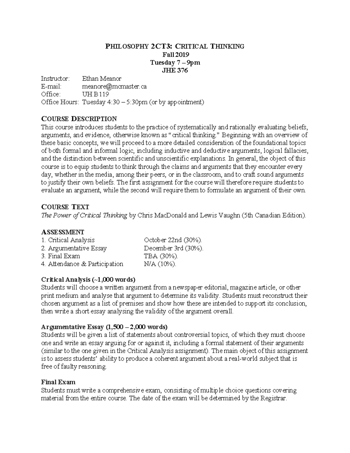Course Outline - PHILOSOPHY 2CT3: CRITICAL THINKING Fall 2019 Tuesday 7 ...