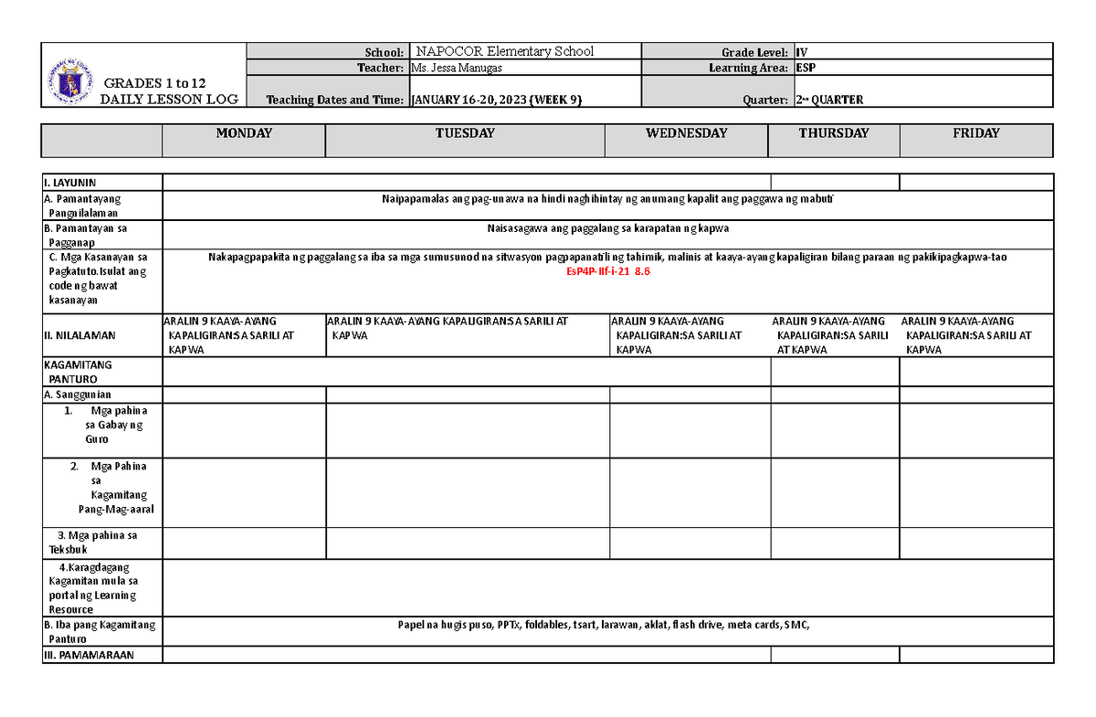 ESP - This is a sample daily lesson log for one week. This will help as ...
