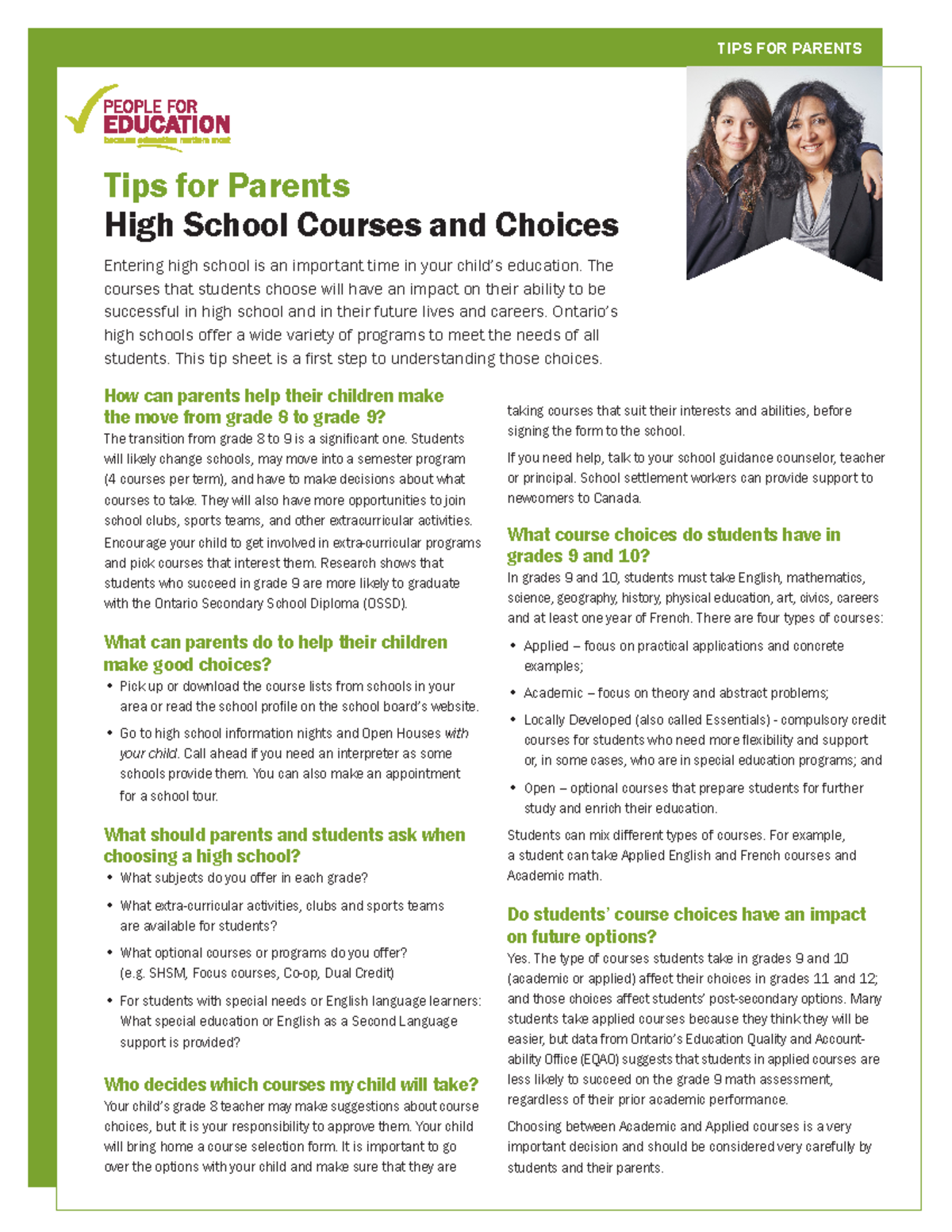 Parent tips High School Courses and Choices - TIPS FOR PARENTS Tips for ...