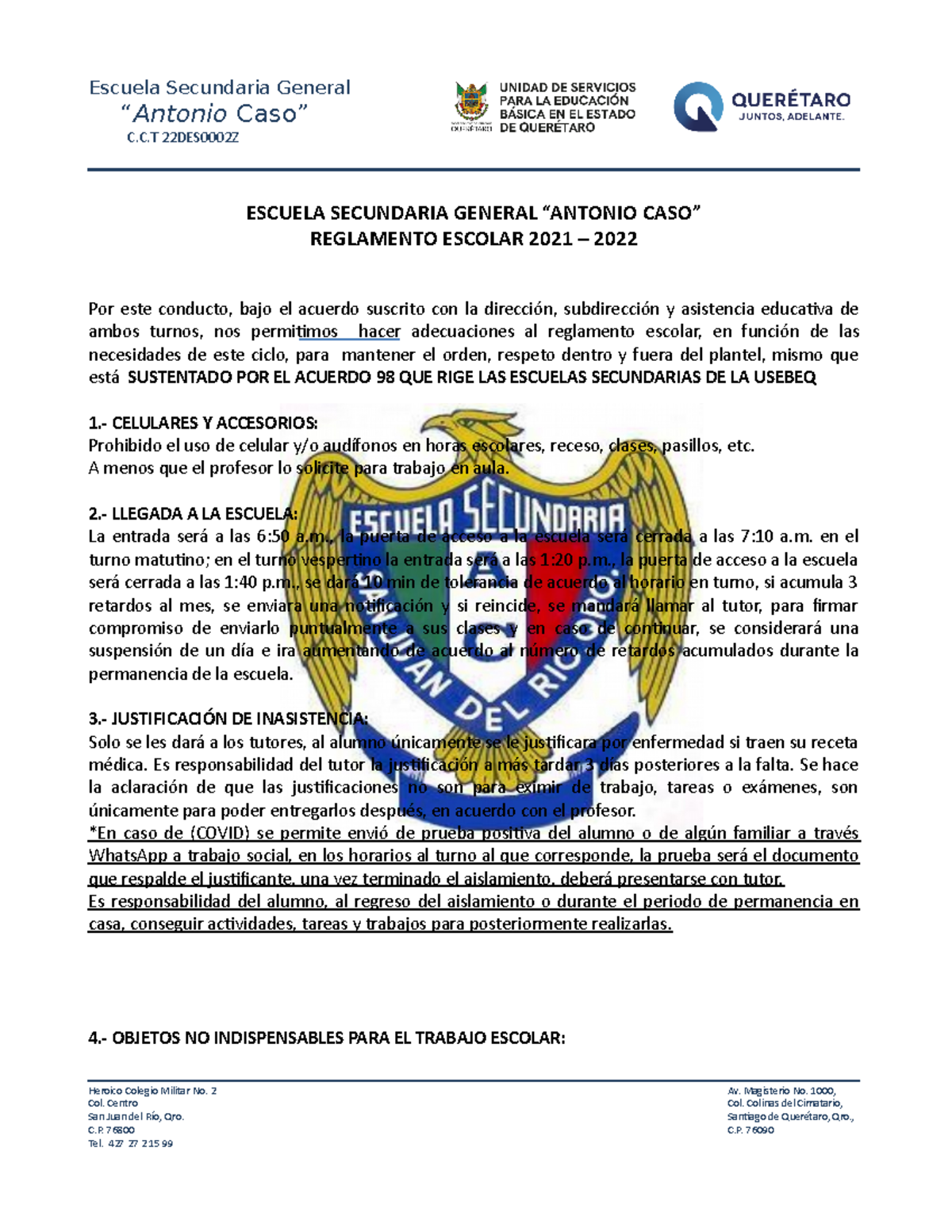 Reglamento Escolar 21-22 De Esta Manera - “ Antonio Caso” C.C ...