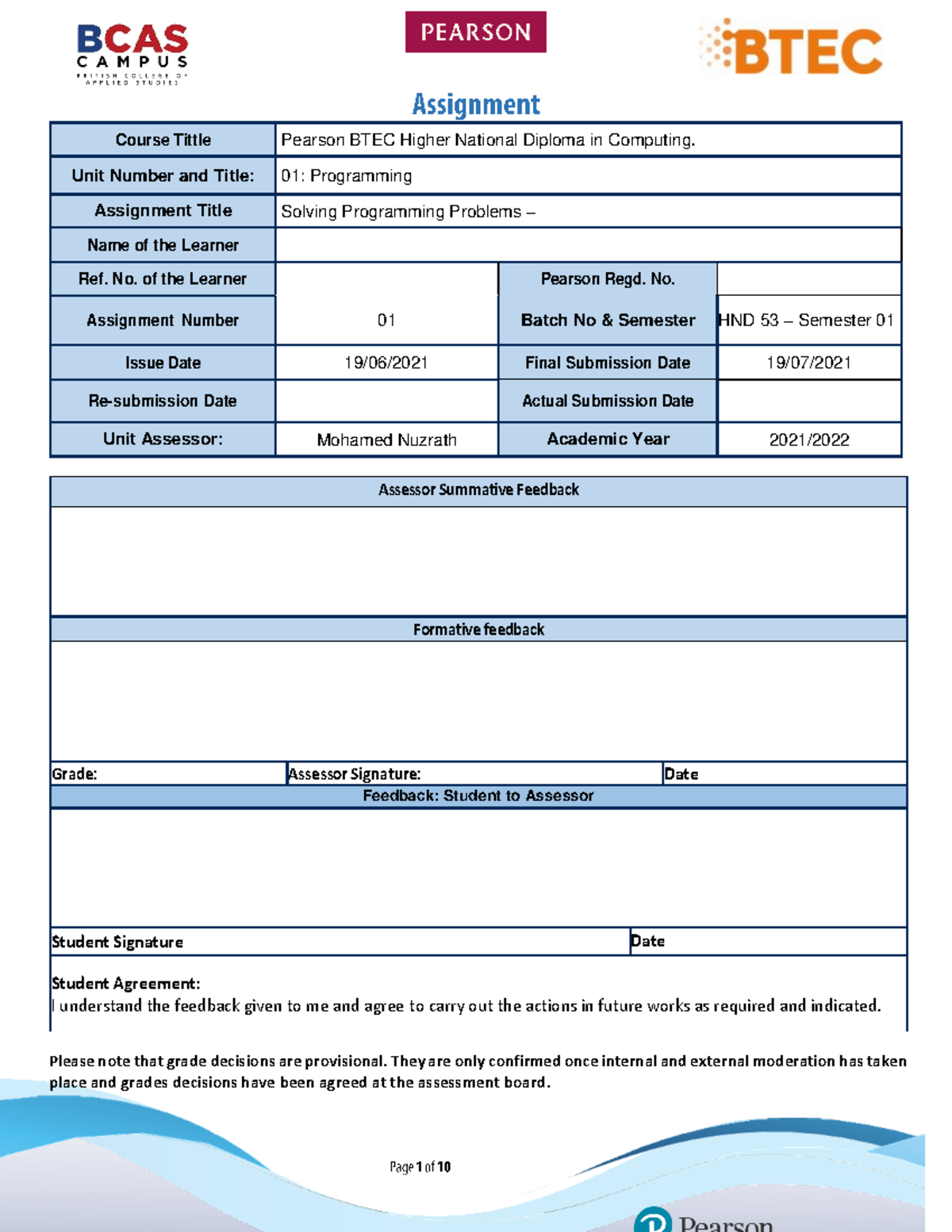 Assignment HND53 Programming - Course Tittle Pearson BTEC Higher National Diploma in Computing ...