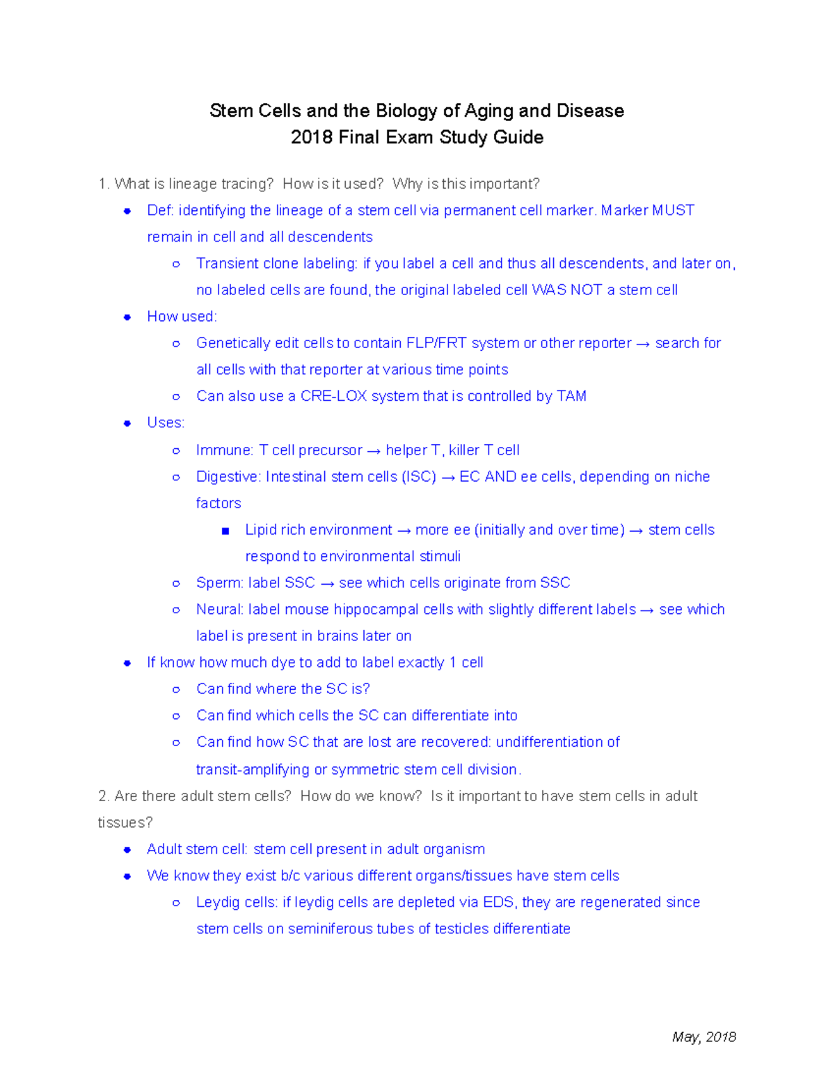 Stem Cells and Aging Final Exam Study Guide - Studocu